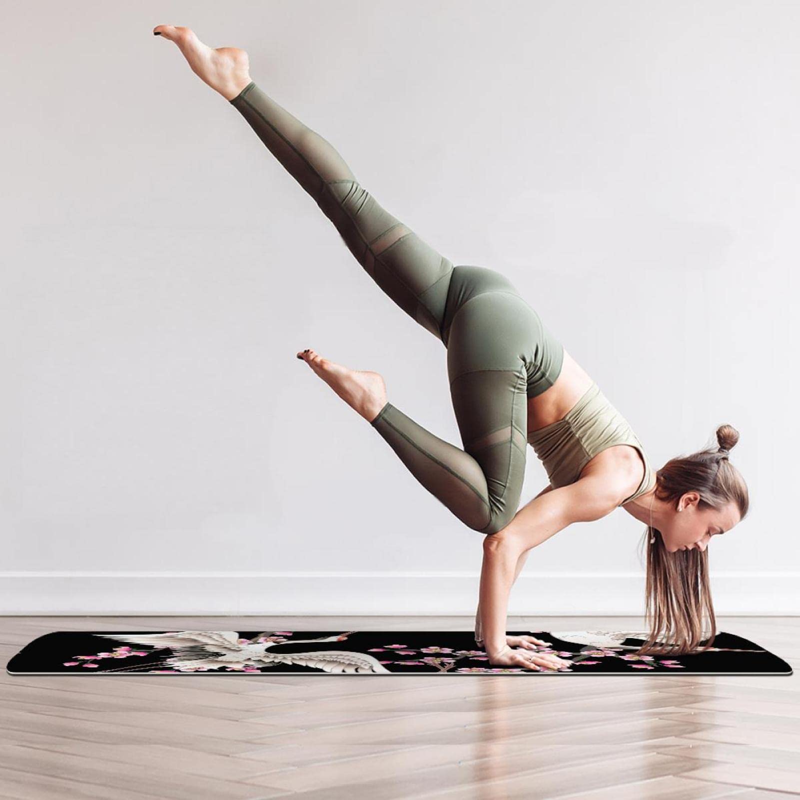 Yoga Mat, Yoga Mats for Home Workout, Workout Mat, Exercise Mats, Pilates Mat, animal bird crane pink flower black pattern