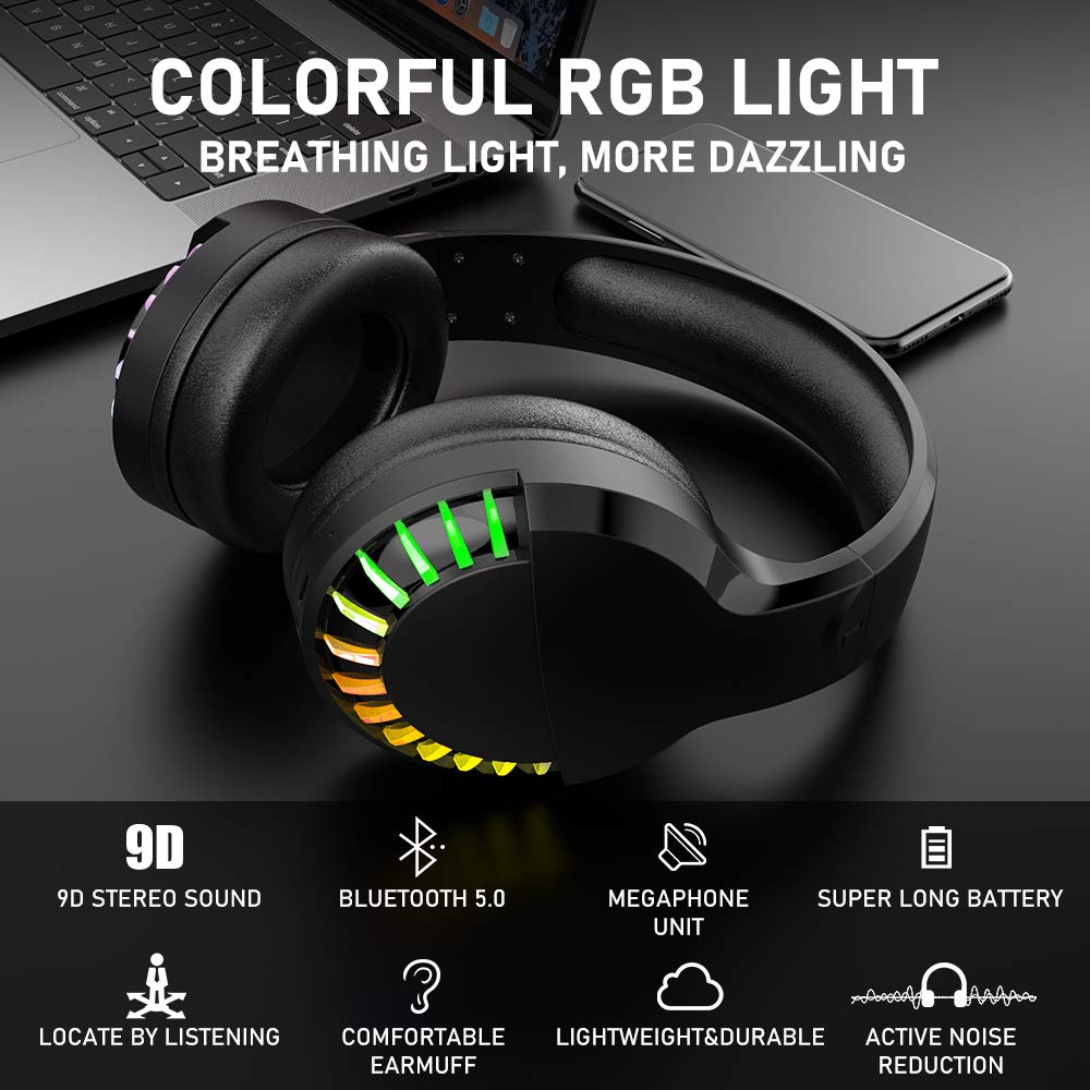 Wireless Bluetooth Headphone with Noise Cancellation HiFi Stereo Sound Mic Deep Bass Protein Earpad Rainbow RGB Backlight Rechageable Over Ear Headset for PC Mac Game Travel Class Home Office(Black)
