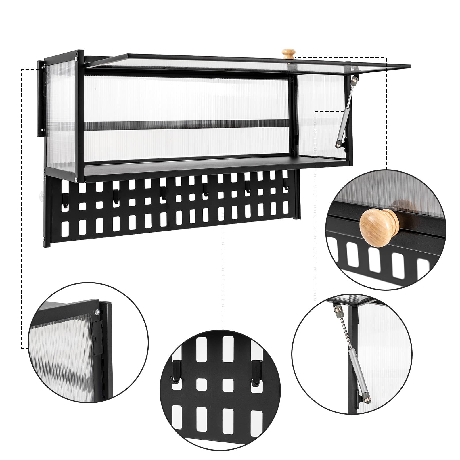 Wall Kitchen Cabinets, Metal Wall Cabinet, Aluminum Alloy Translucent Wall Cabinet with Plus Five Hooks, Flip-Up Glass Door Wall Cabinet Wall-Mounted Locker, (55lbs Capacity, 33.5*11*11.8in)