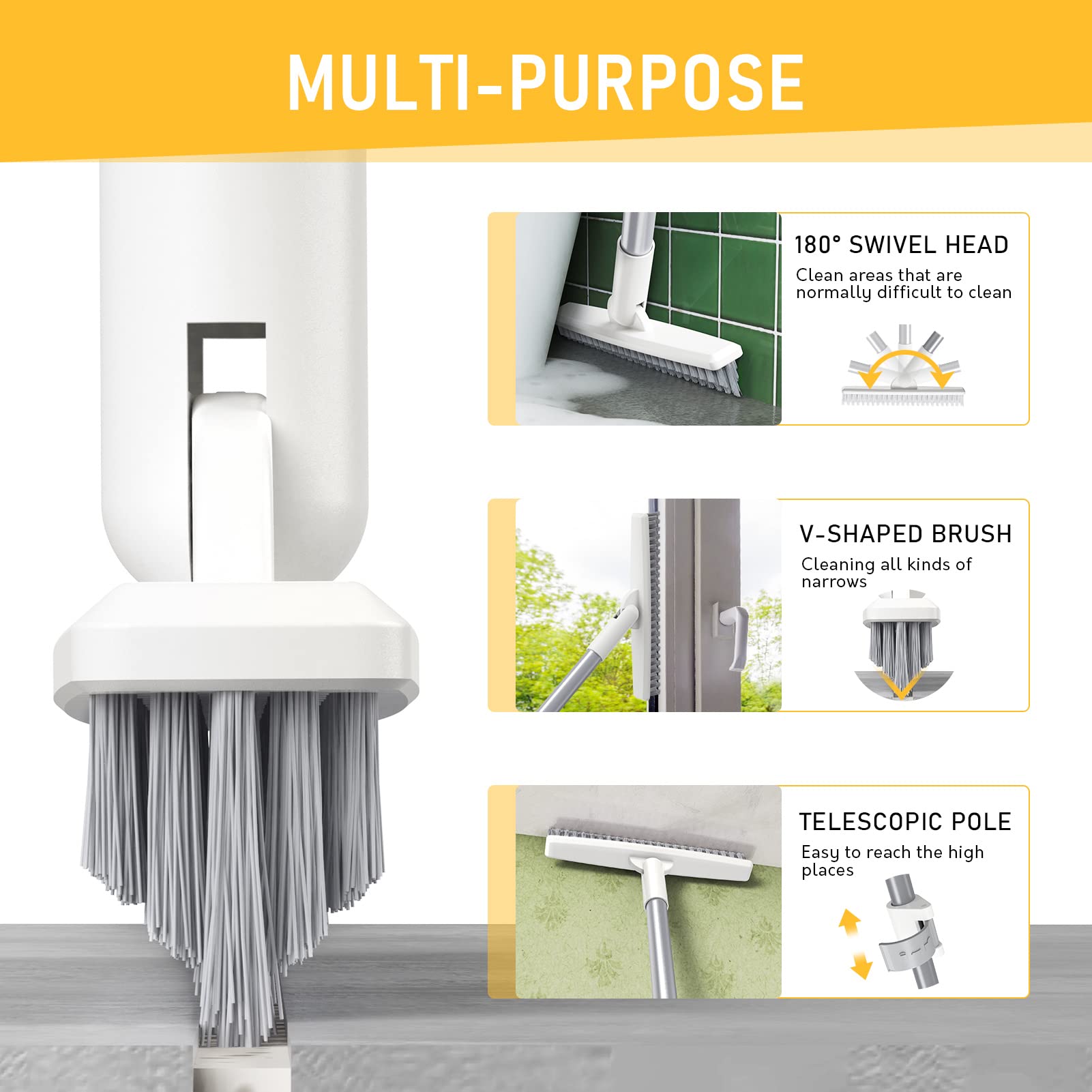 Sunally Floor Scrub Brush and Grout Scrub Brush Combo Kit with 57" Long Handle, 2 in 1 Scrape Brush Stiff Bristle, Shower Floor Scrubber, Deep Cleaning Brush Set for Multiple Scenes, Grey White