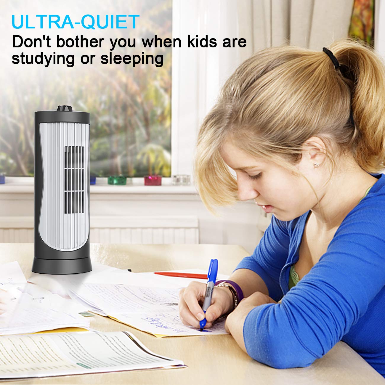 Small Tower Fan, Cooling Fan, 13 inch Desk Fan Electric Oscillating Tower, 2 Settings, Turbine Technology, Rotating Standing Fan for Home Office Tabletop