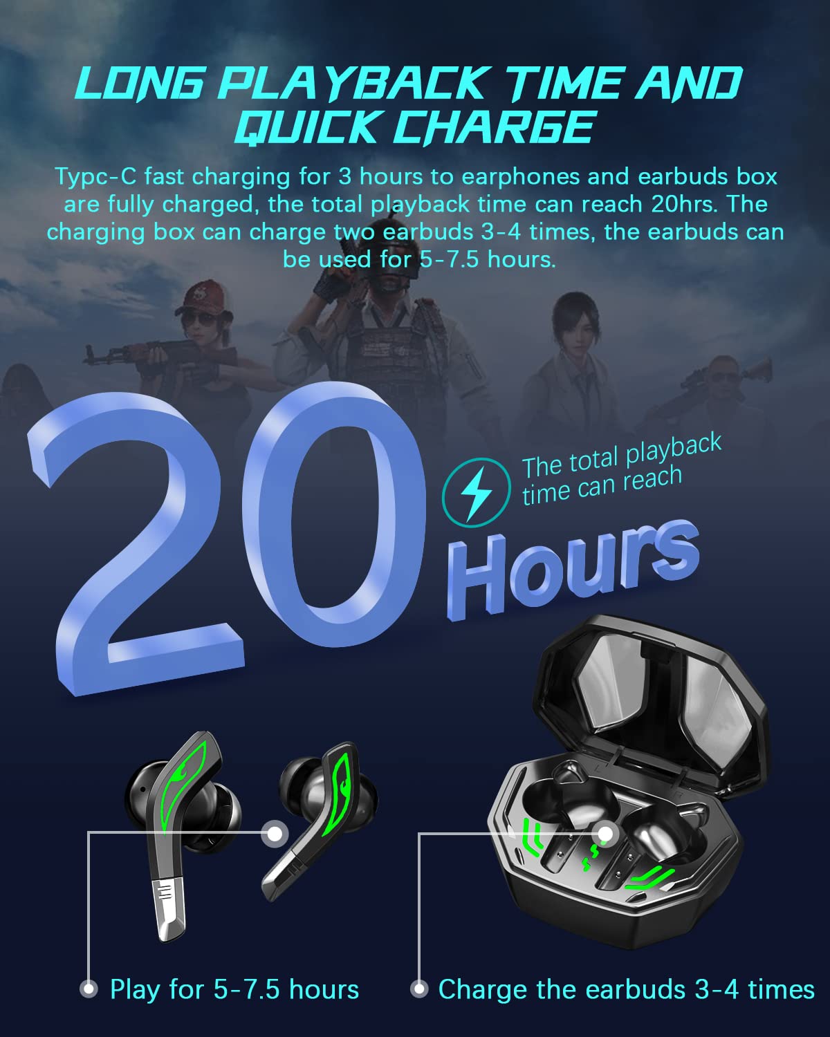 Wireless Gaming Earbuds Bluetooth Headphone with Microphone & Charging Case, 40ms Ultra Low-Latency in-Ear Headset with Game/Music Mode, Breathing Light, 3D Surround Sound, 20H Playtime, Auto Pairing