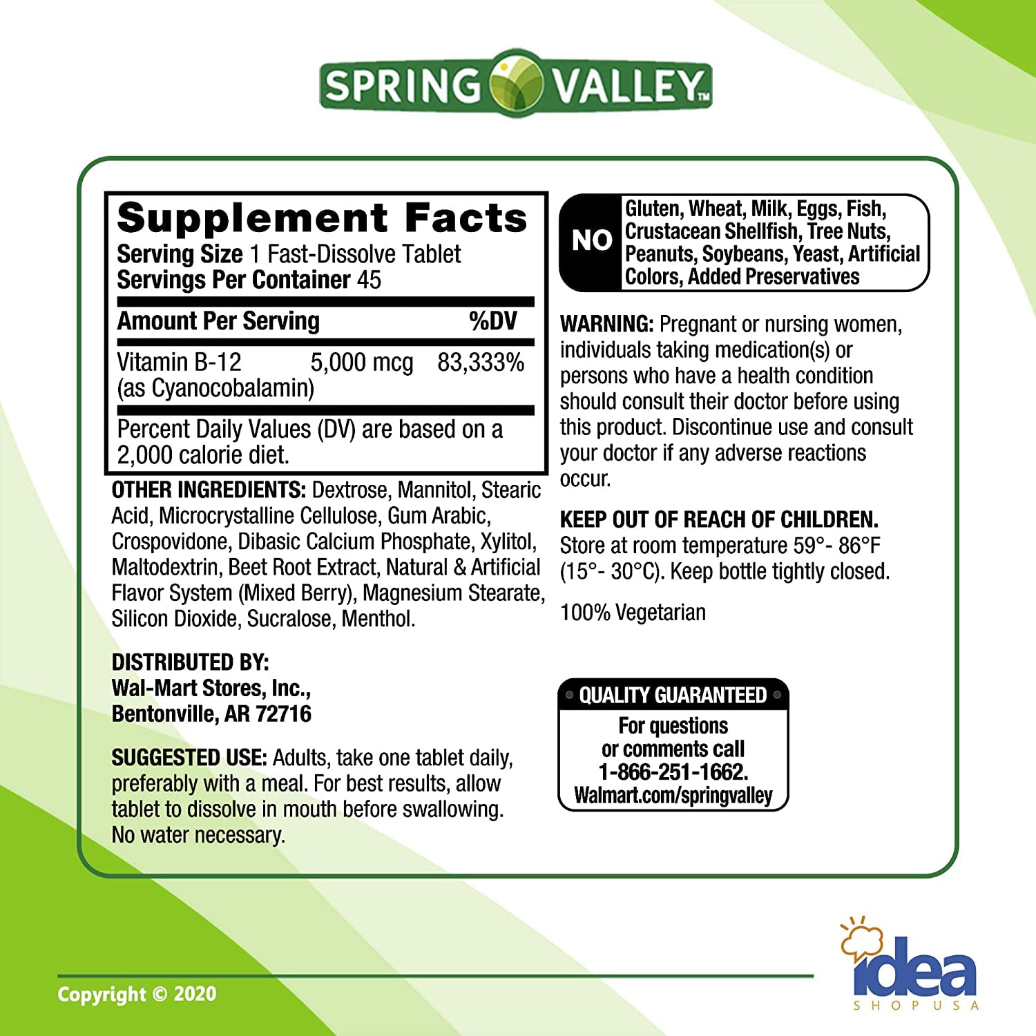 Vitamin B12 Fast Dissolve Tablets by Spring Valley, 5000 mcg, 45 Ct (3 Pack) Bundle with Exclusive Vitamins & Minerals - A to Z - Better Idea Guide (4 Items)