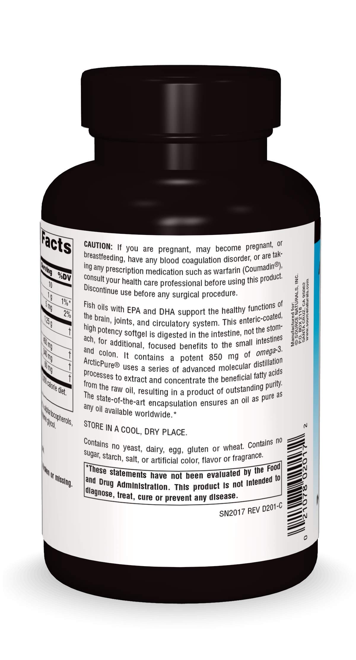 Source Naturals ArcticPure Omega-3 Fish Oil 850mg Ultra Potency EPA + DHA For Heart, Joint, Brain & Immune Health -Enteric Coated For Sensitive Stomachs - 120 Softgels