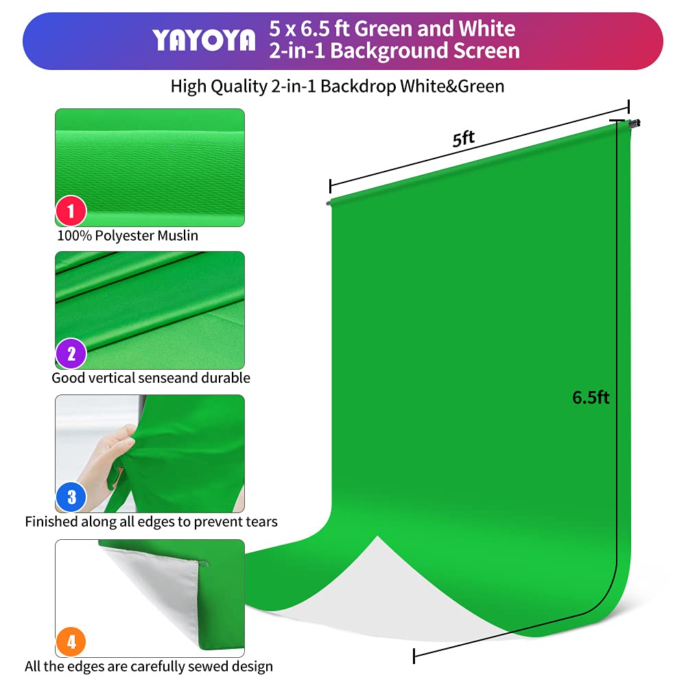White Greenscreen Background T-Shape Portable Backdrop Stand, YAYOYA 6.5 X 5 Small White Background Green Screen Backdrop Stand Kit, Photo Backdrop Stand with Bag & Clamps for Photography Streaming