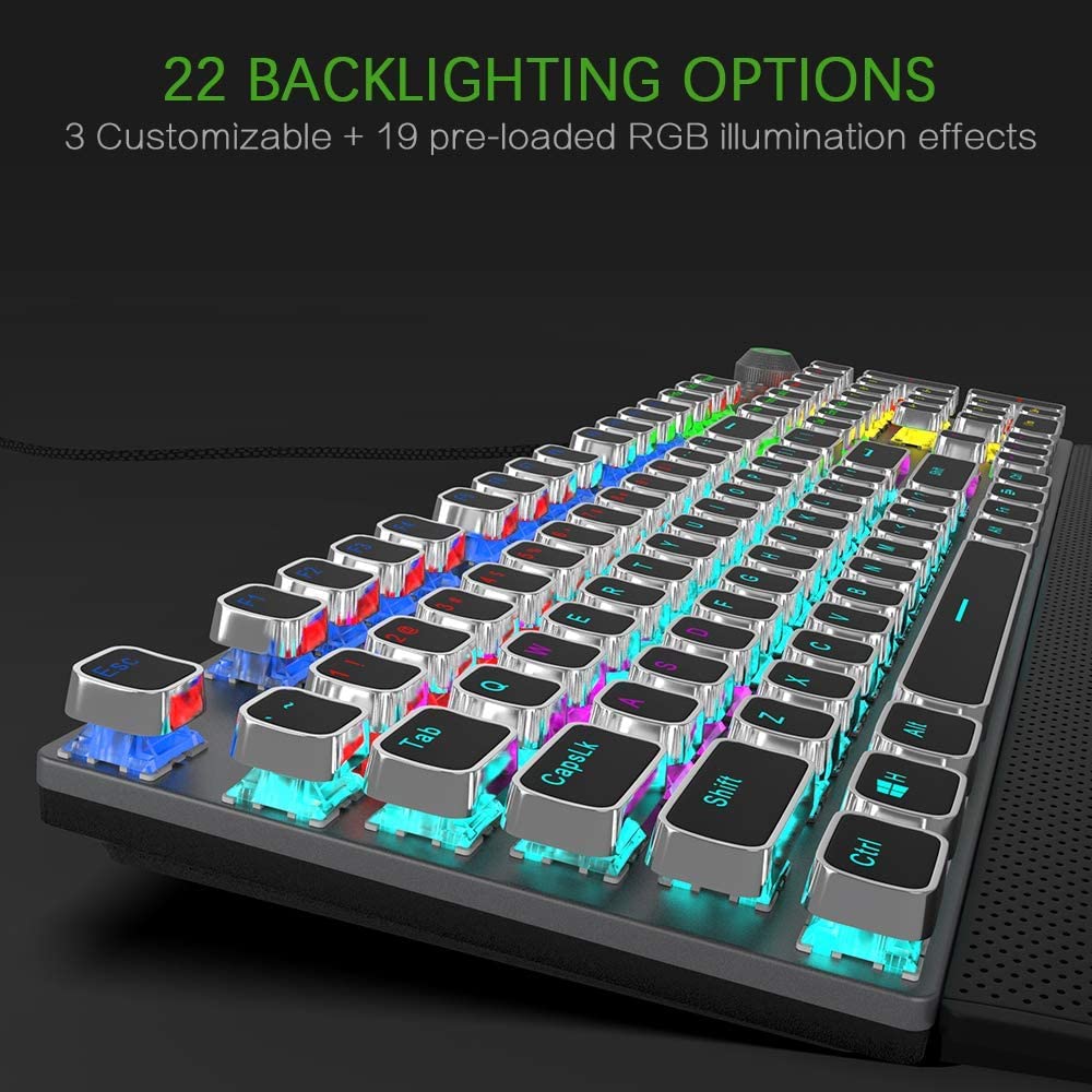TEWELL Mechanical Gaming Keyboard, Rainbow LED Backlit Typewriter Keyboards with Removable Hand Rest, 104 Anti-ghosting Keys, Quick-Responsible Black Switches for PC, Laptop, Computer
