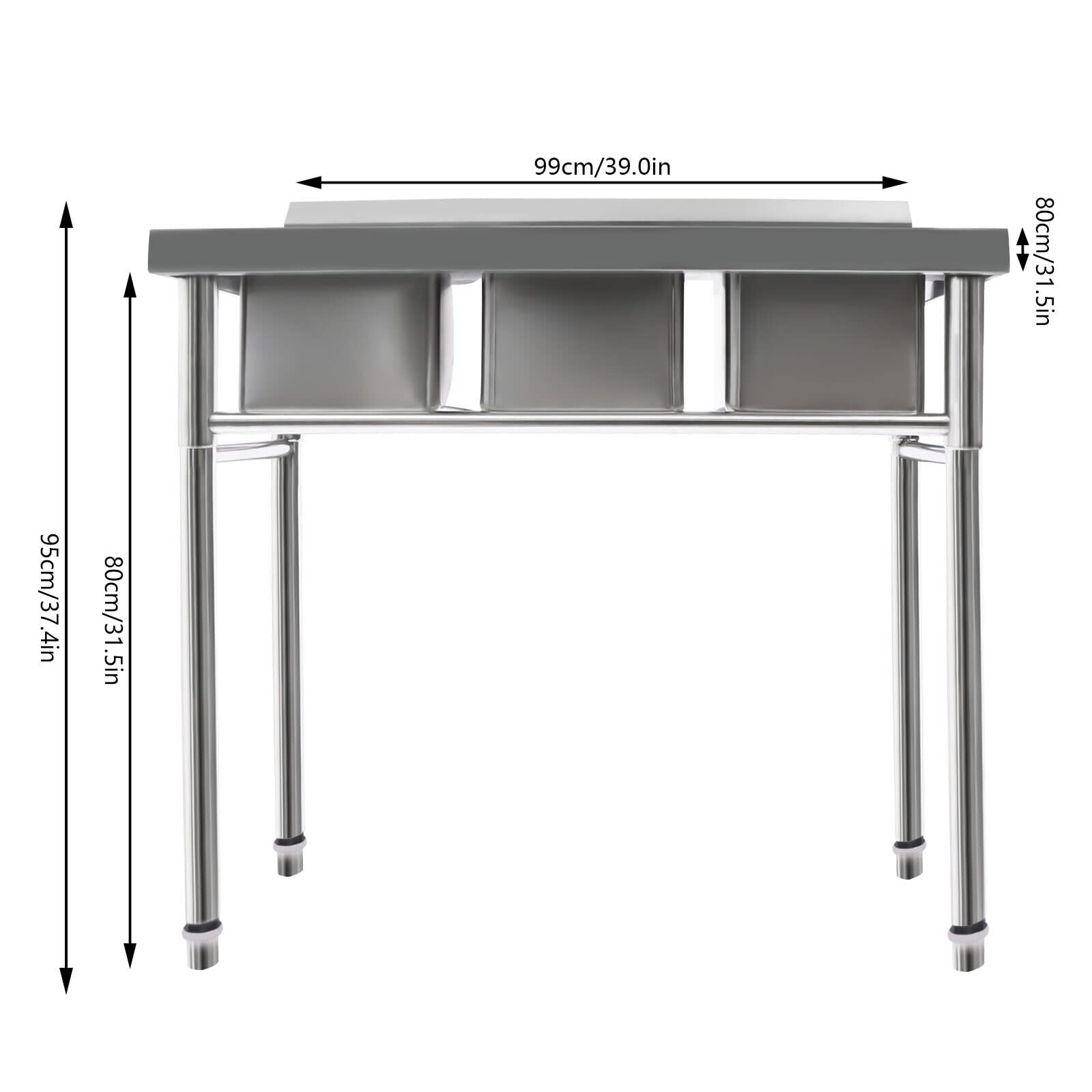 TFCFL Utility Commercial Stainless Steel Sink with 3 Drains Wash Basin for Catering Kitchen Catering Sink Commercial Stainless Steel Sink Wash Basin w/ 3 Deep Sinks