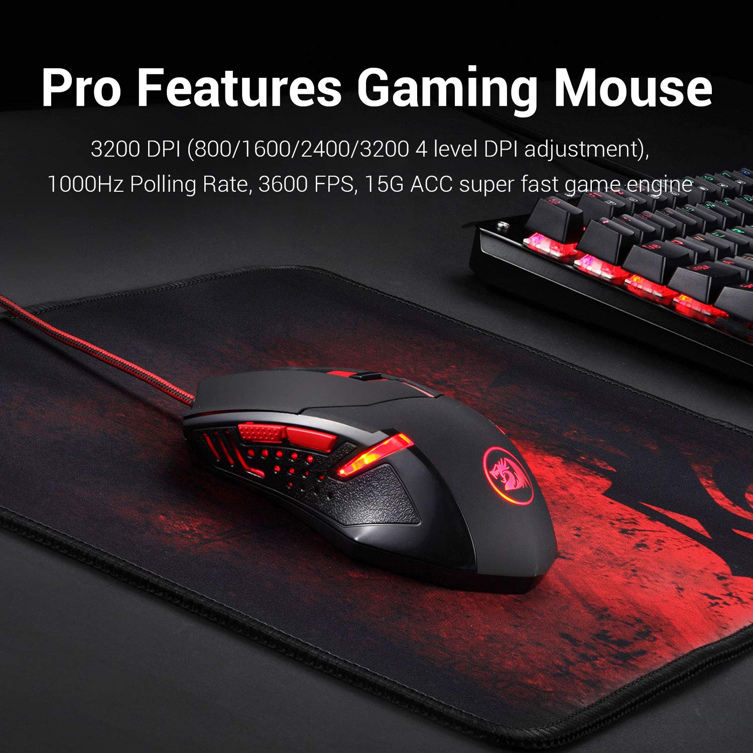 Redragon M601-BA Gaming Mouse and Mouse Pad Combo, Ergonomic Wired MMO 6 Button Mouse, 3200 DPI, Red LED Backlit & Large Mouse Pad for Windows PC Gamer (Black Wired Mouse & Mousepad Set)
