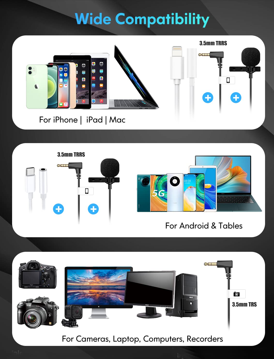 Wireless Lavalier Microphone System, UHF Dual Lavalier Mic Lapel Microphones164FT Transmissions Audio Monitor Recording Rechargeable for DSLR Camera iPhone Android 2 Transmitter and 1 Receiver