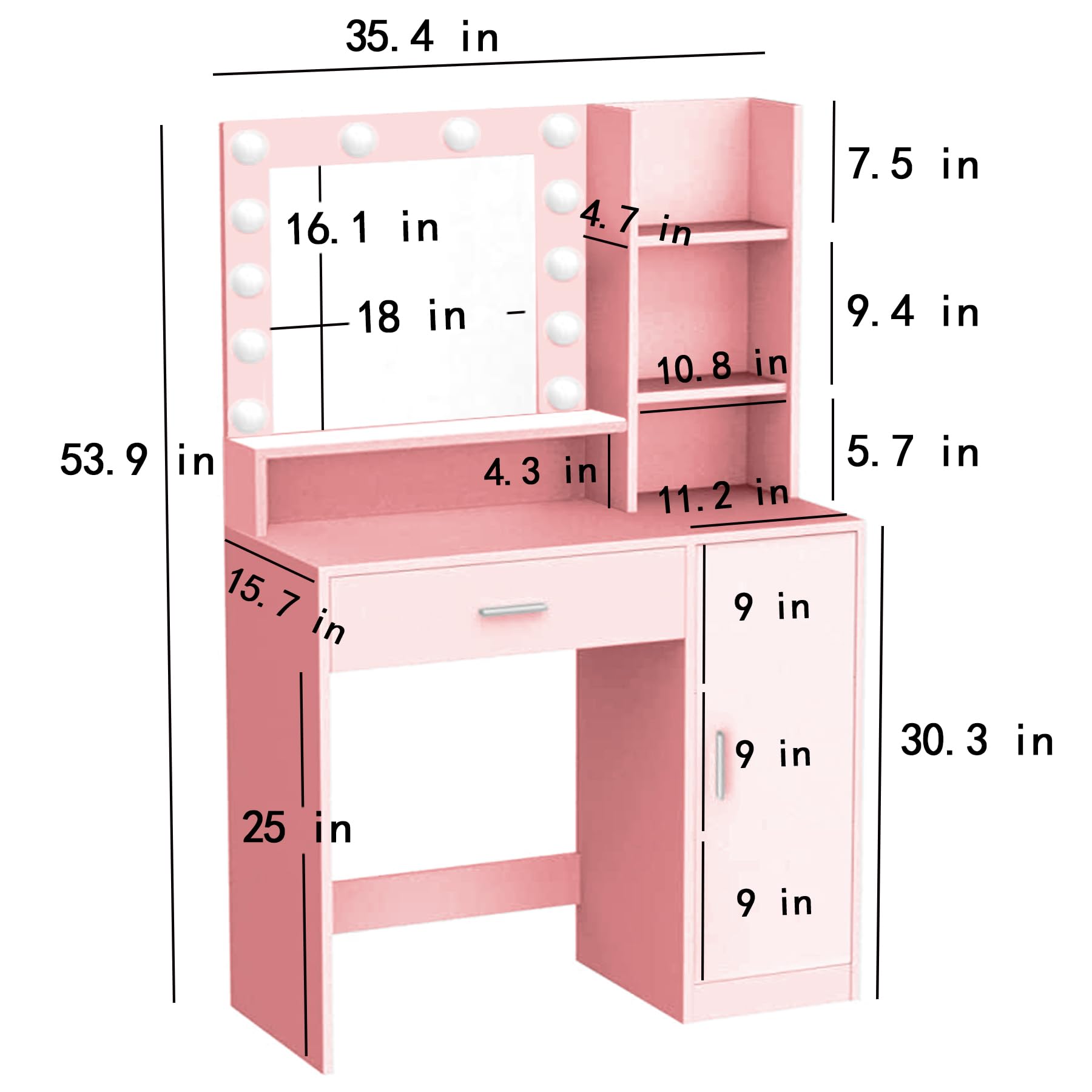Vanity Desk with Mirror & Light, Large Drawer & Three Level Storage Dresser, 3 Lighting Modes Adjustable Brightness, Bedroom Dressing Table (Pink)