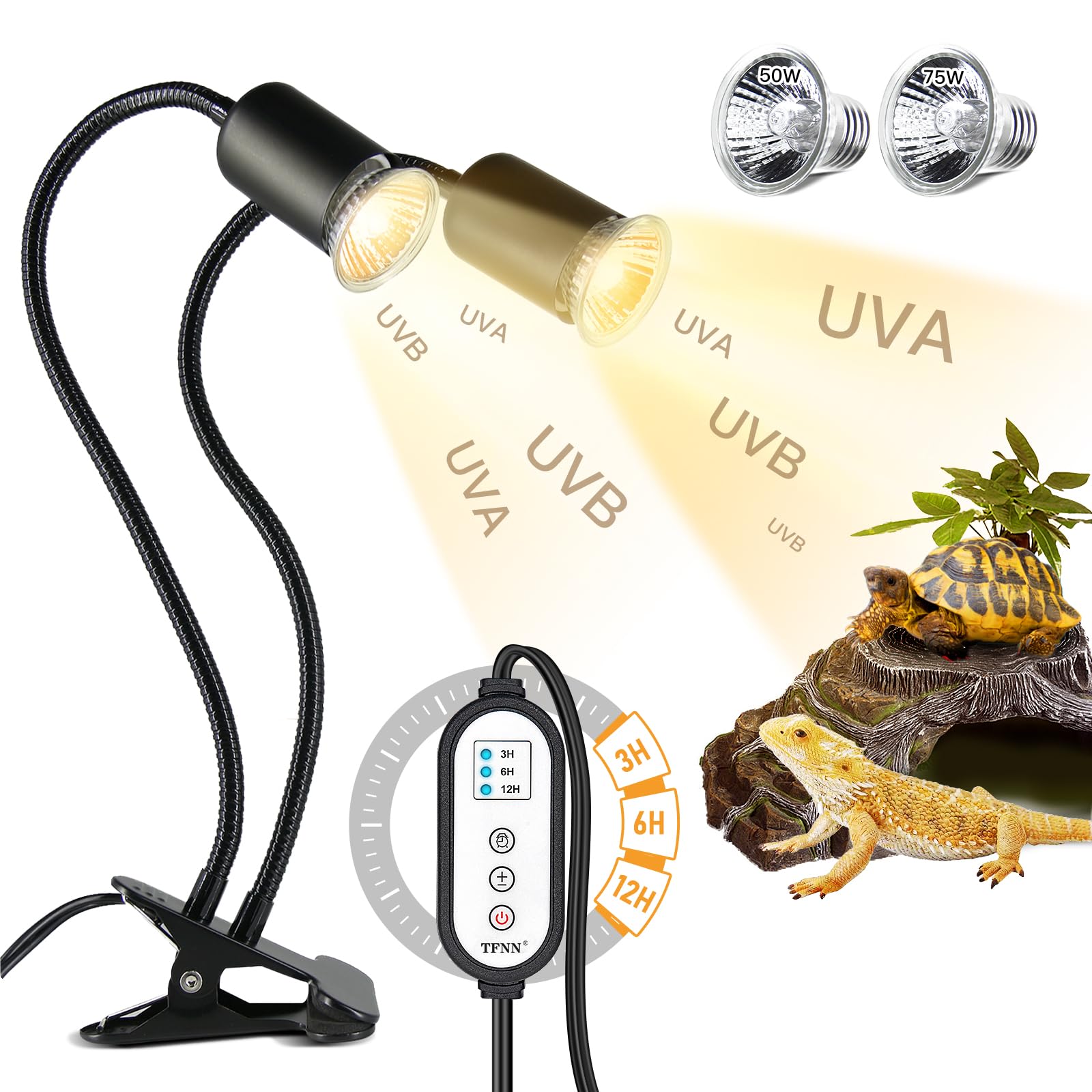 TFNN Reptile Heat Lamp, Double-Head Heat Lamp with Clamp, UVA UVB Reptile Light with Intelligent Cycle Timer for Turtle, Bearded Dragon, Lizard and More, 2 Bulbs 50W+75W
