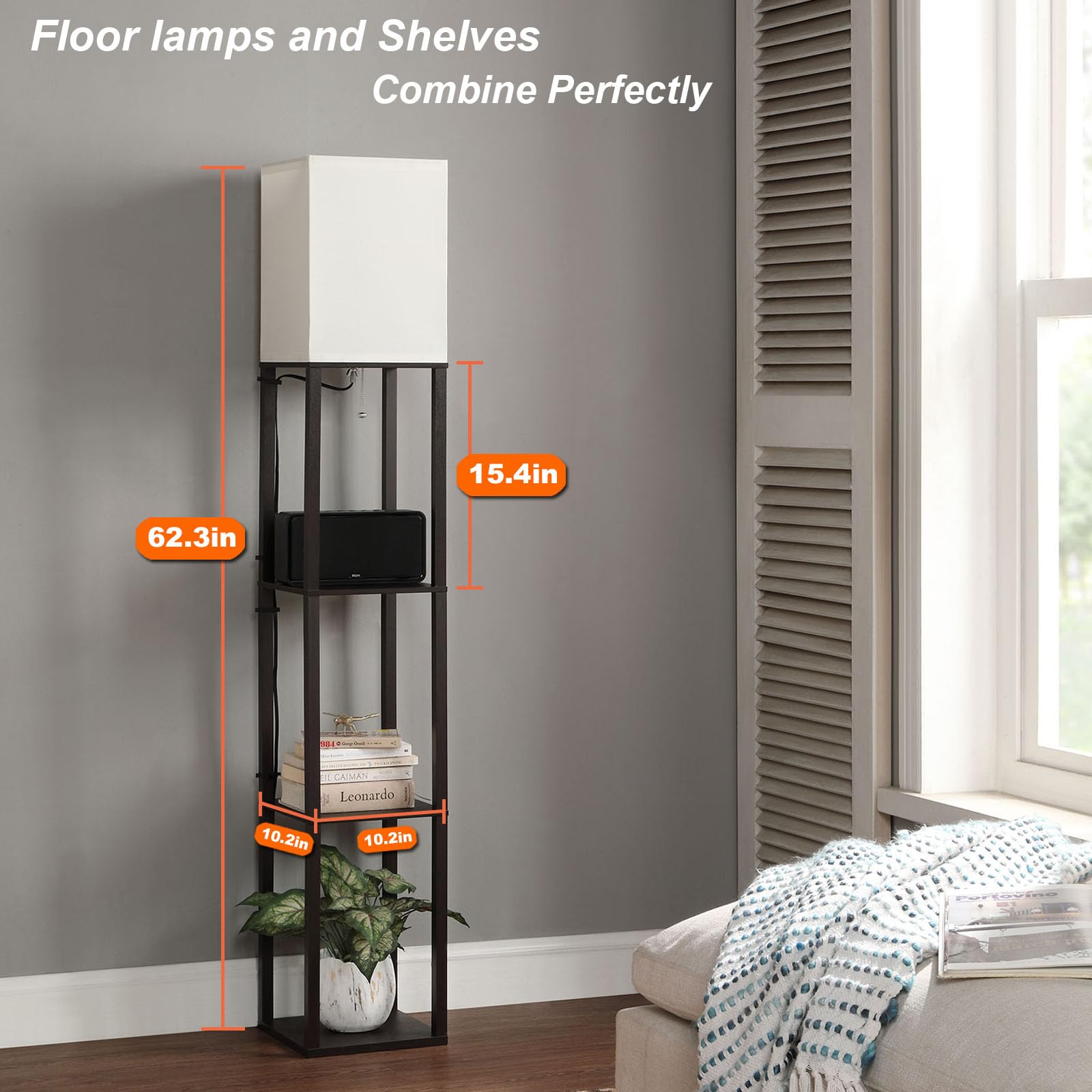 YAMEIWAN Floor Lamp with Shelves, Shelf Floor Lamps for Living Room with 3CCT LED Bulb, Modern Corner Square Display Standing Lamp with 4-Tier Tall Bookshelf Lamp for Bedroom Office