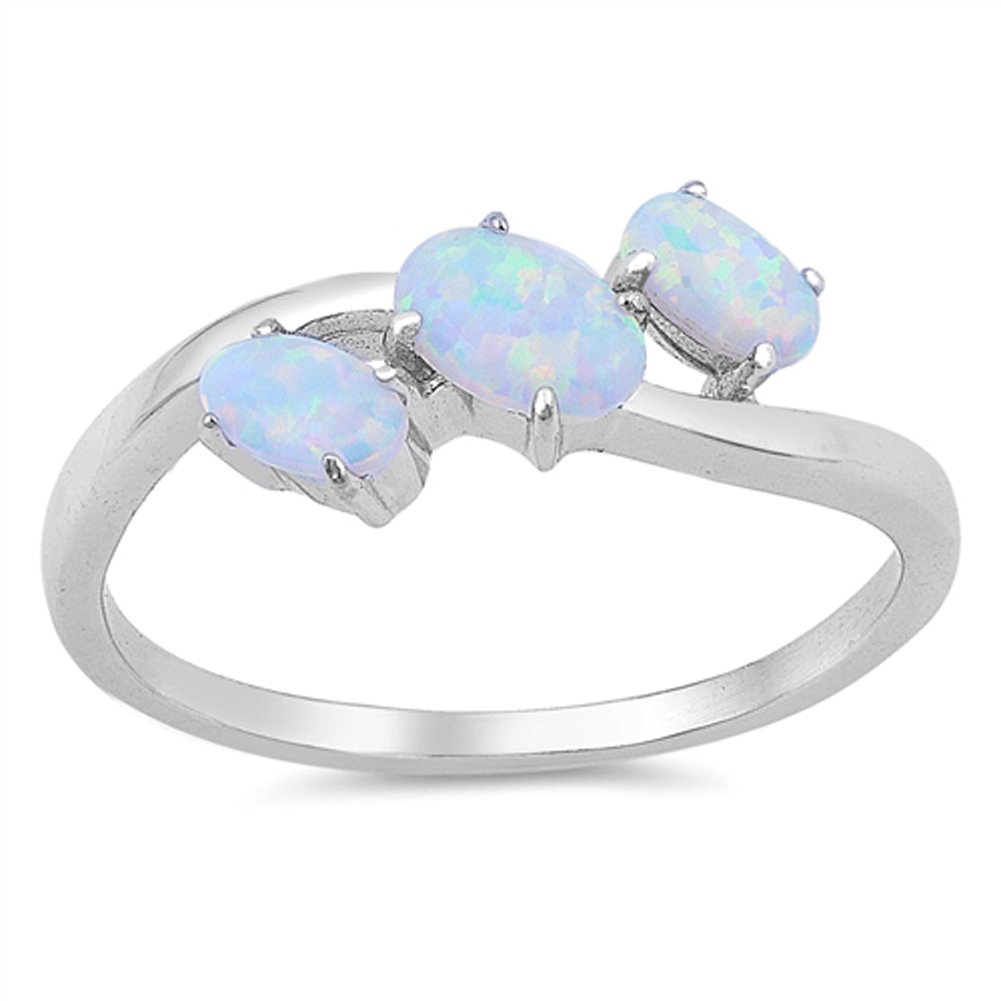 Triple Oval White Simulated Opal Fashion Ring New .925 Sterling Silver Band Size 8