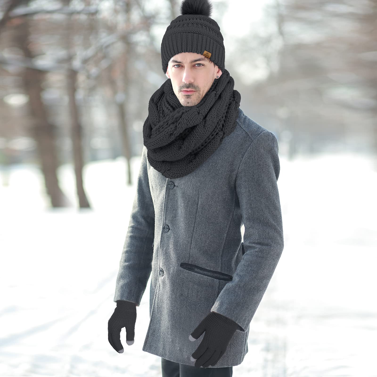URATOT Winter Warm Knitted Sets Beanie Pompom Hat Scarves Winter Touchscreen Gloves Scarf Set for Men Women
