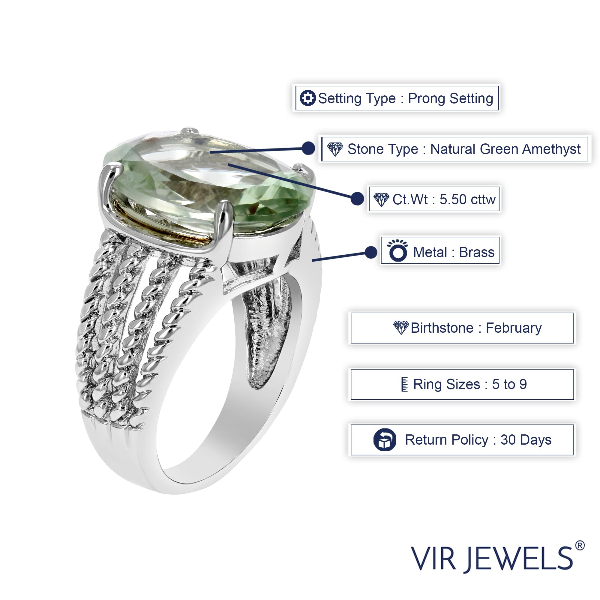 VIR JEWELS 5.50 cttw Green Amethyst Prasiolite Ring Brass with Rhodium Oval Shape 16x12 MM Size 9