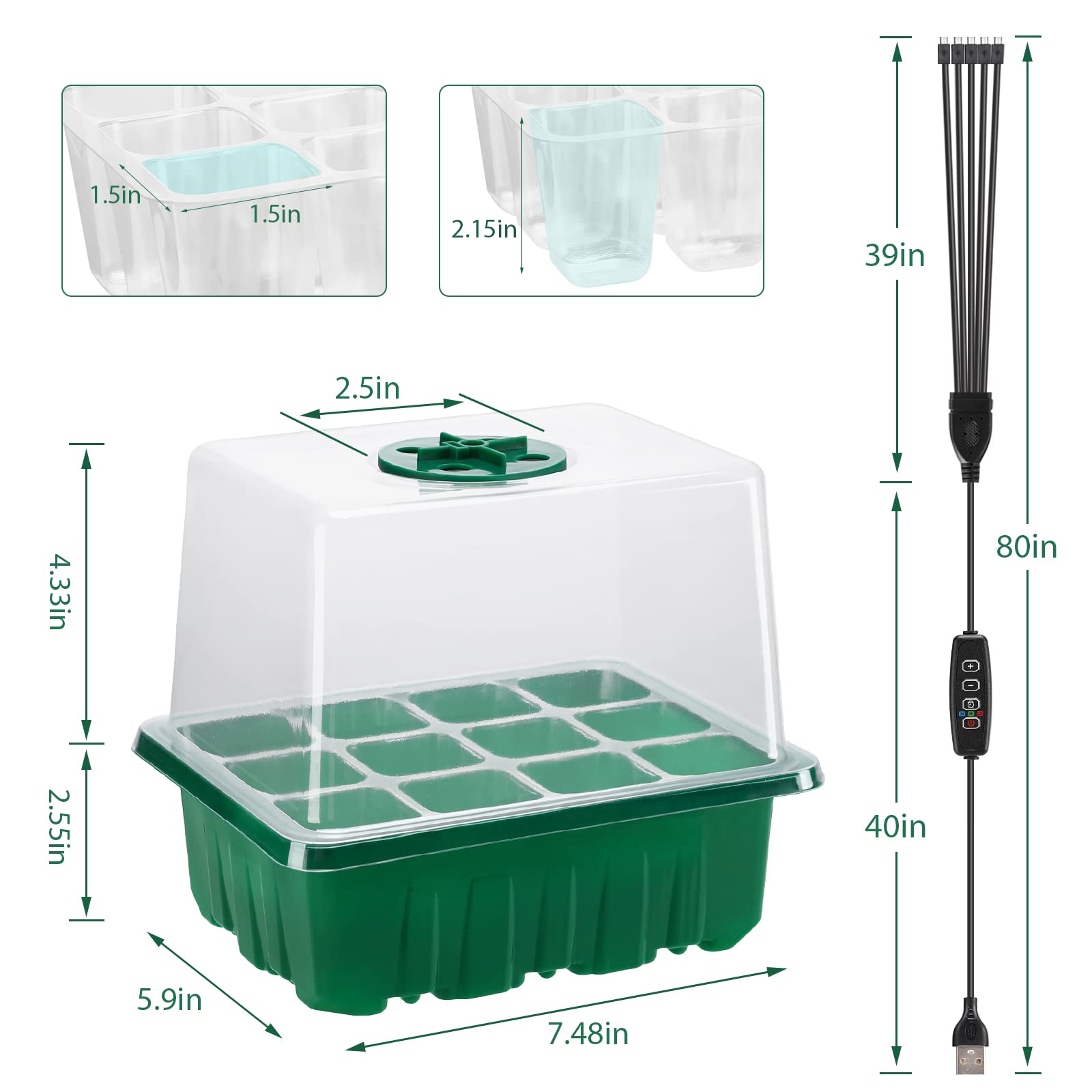 Seed Starter Tray with Grow Light丨5 Pcs Seed Starter Kit (12 Cells Per Tray) with 78in Timing Controller Adjustable Brightness and Humidity丨Indoor Gardening Plant Trays for Flowers, Vegetables, Fruits