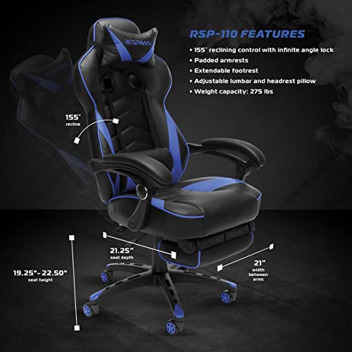 RESPAWN 110 Ergonomic Gaming Chair with Footrest Recliner - Racing Style High Back PC Computer Desk Office Chair - 360 Swivel, Adjustable Lumbar Support, Headrest Pillow, Padded Armrests - 2019 Blue