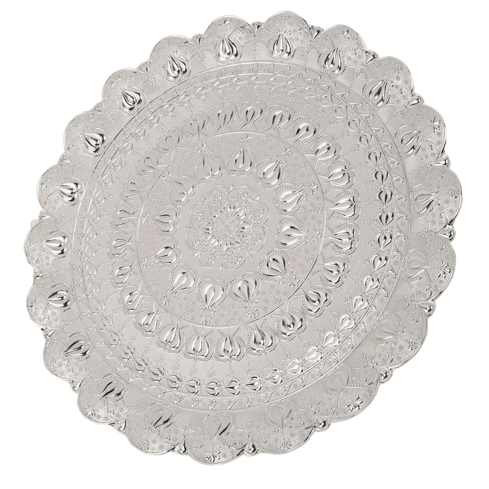 Turkish Tea Coffee Serving Tray Food Trays Vintage Style Embossed Pattern Round Coffee Plate for Bar Outdoor Dessert (Silver)