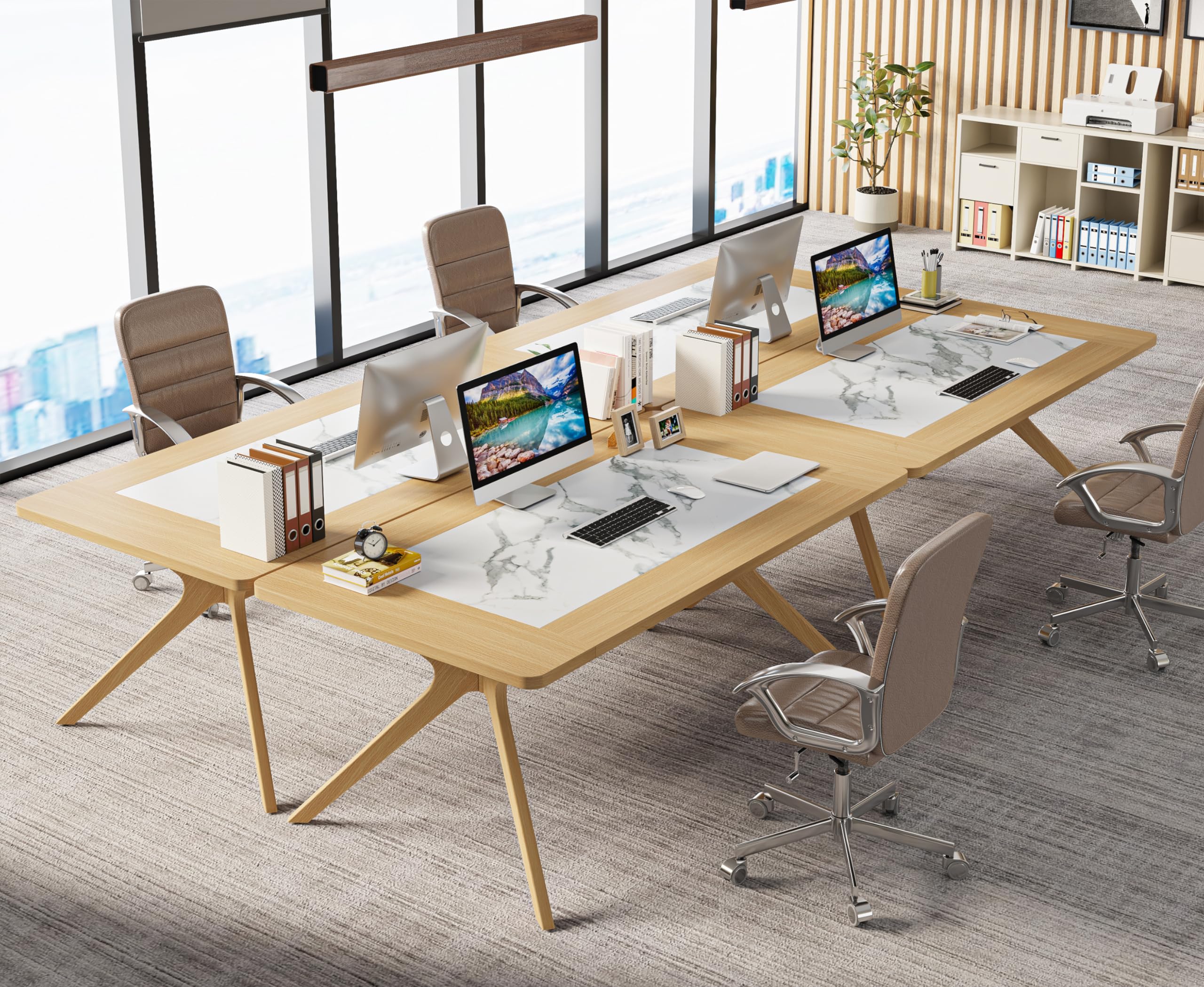 Tribesigns 63-Inch Executive Desk, Modern Office Desk with Solid Wood X-Shape Frame, Large Computer Desk Writing Table Business Furniture for Home Office (Oak and White Marble)