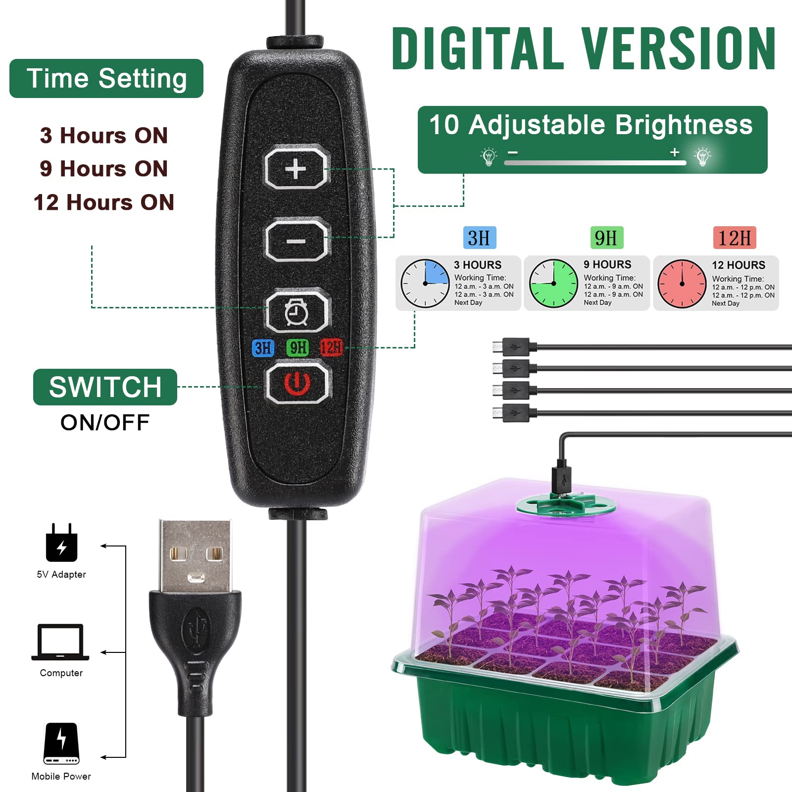 Seed Starter Tray with Grow Light丨5 Pcs Seed Starter Kit (12 Cells Per Tray) with 78in Timing Controller Adjustable Brightness and Humidity丨Indoor Gardening Plant Trays for Flowers, Vegetables, Fruits