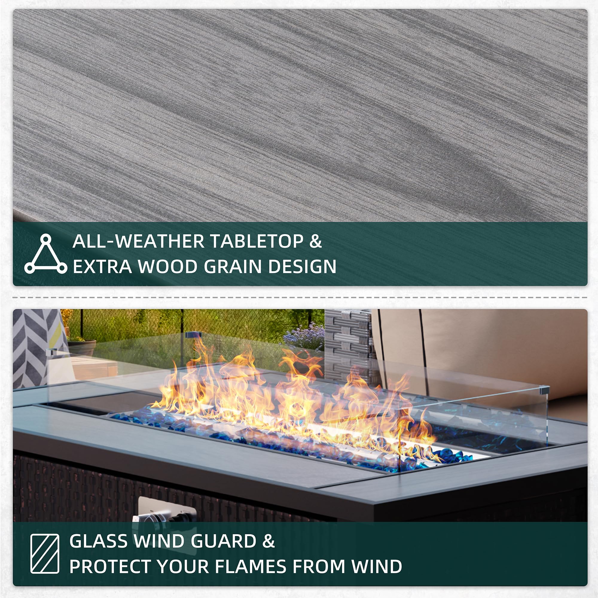 SUNLEI 45" Propane Fire Pit, Outdoor Fire Pit Tables Rectangular Tabletop with Lid and Blue Fire Glass, 50000 BTU Glass Wind Guard and Tables for Outside Patio, BackyardâŚ