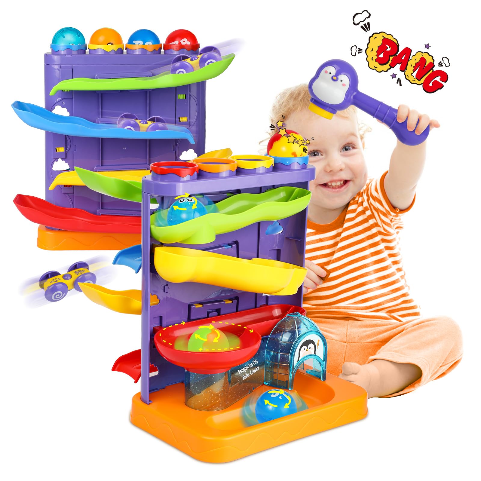 Toddler Toys for 1 2 3 Year Old Boys Girls, 2 in 1 Pound Balls Toy & Car Ramp Race Track, Early Development Educational Learning Toys Gifts for Baby 12-36 Months