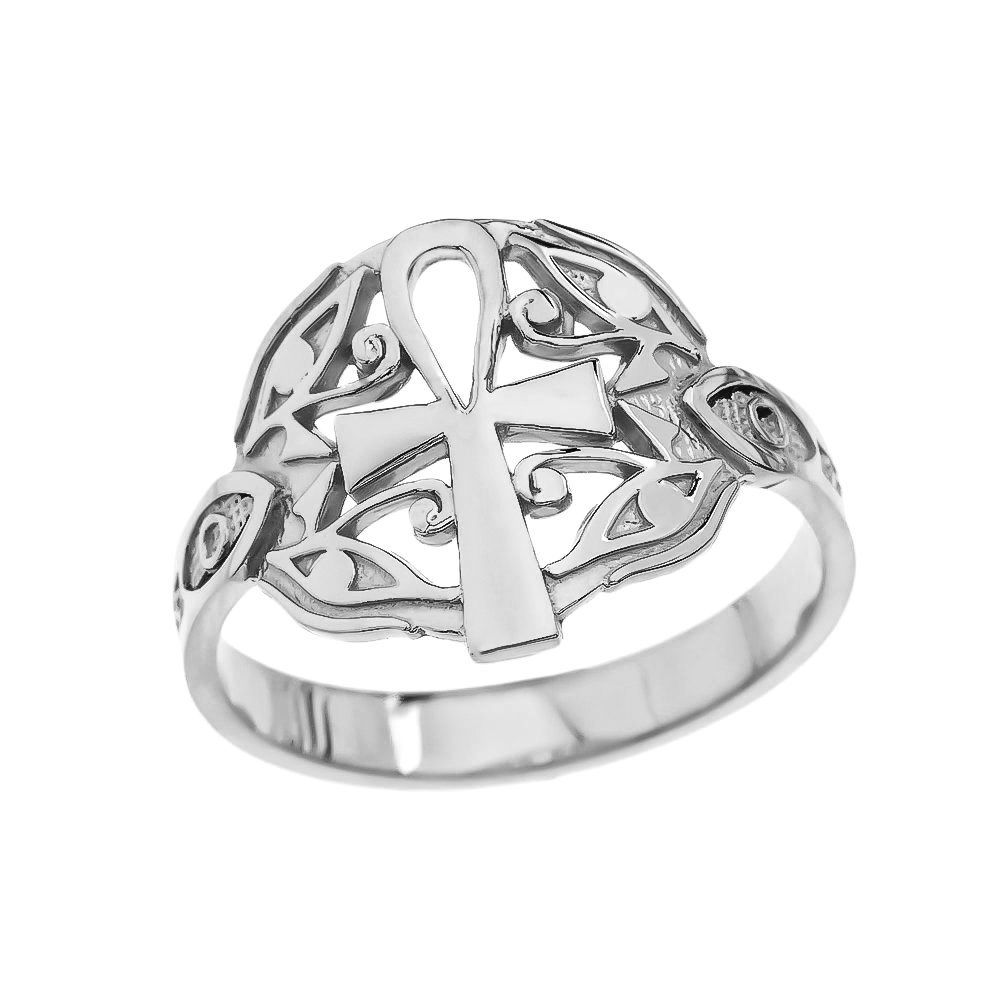 Sterling Silver Egyptian Ankh Cross And Eye of Horus Elegant Ring (Size 4)