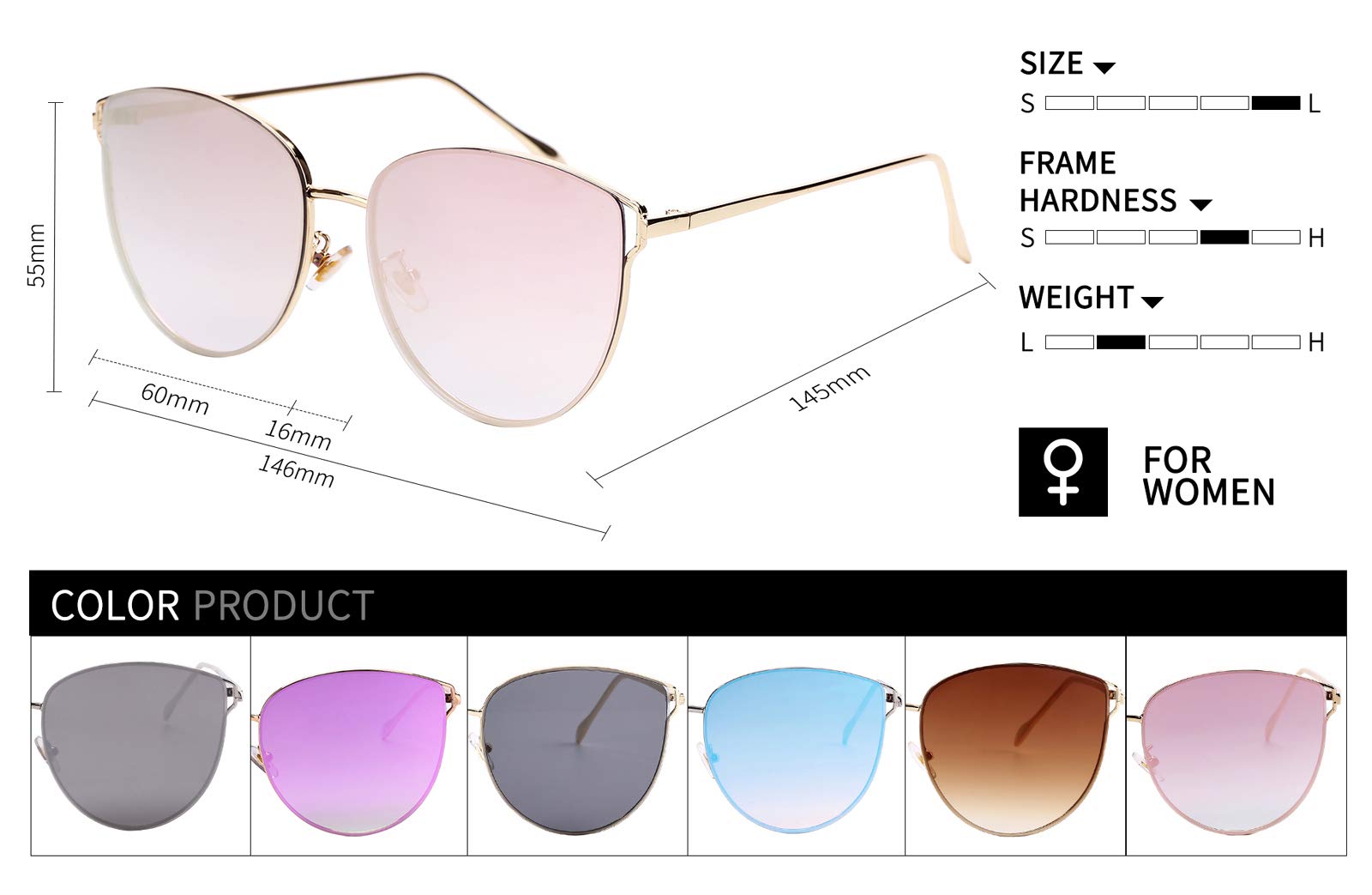 U.I STATION Oversized Mirrored Sunglasses for Women, Cat Eye Sunglasses, Rimless Sunglasses with Sunglasses Case (pink), Large