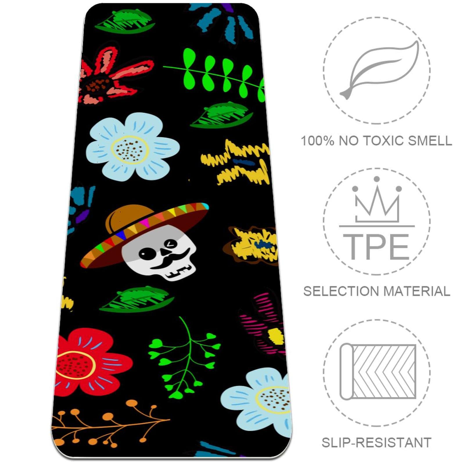 Yoga Mat, Yoga Mats for Home Workout, Workout Mat, Exercise Mats, Pilates Mat, seamless mexican skull flower leaves pattern