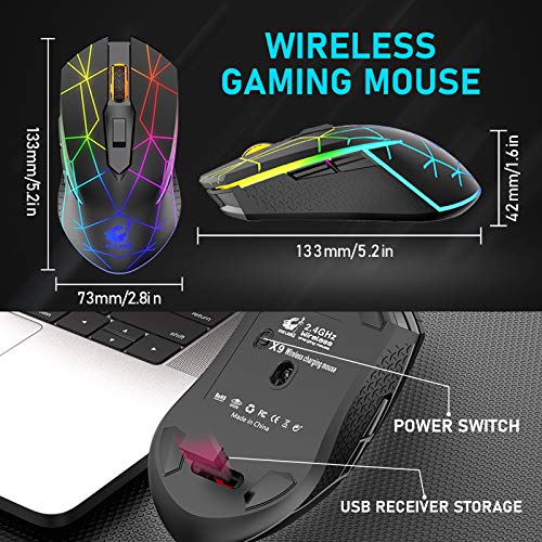 ZIYOU LANG X9 Wireless Gaming Mouse with 2.4Ghz USB Receiver Rainbow RGB Backlight Adjustable DPI Silent Click Rechargeable Ergonomic 7 Button for Computer Laptop PC Mac Gamer Office Use(Star Black)