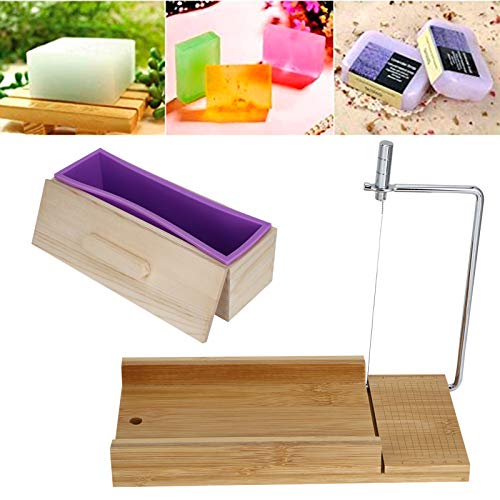 Silicone Soap Molds, DIY Soap Making Kit, Reusable Hand‑Made Soap Cutter, Wooden Soap Molds DIY Crafts Accessory for Making Soap Candle Bread Chocolate (with lid)