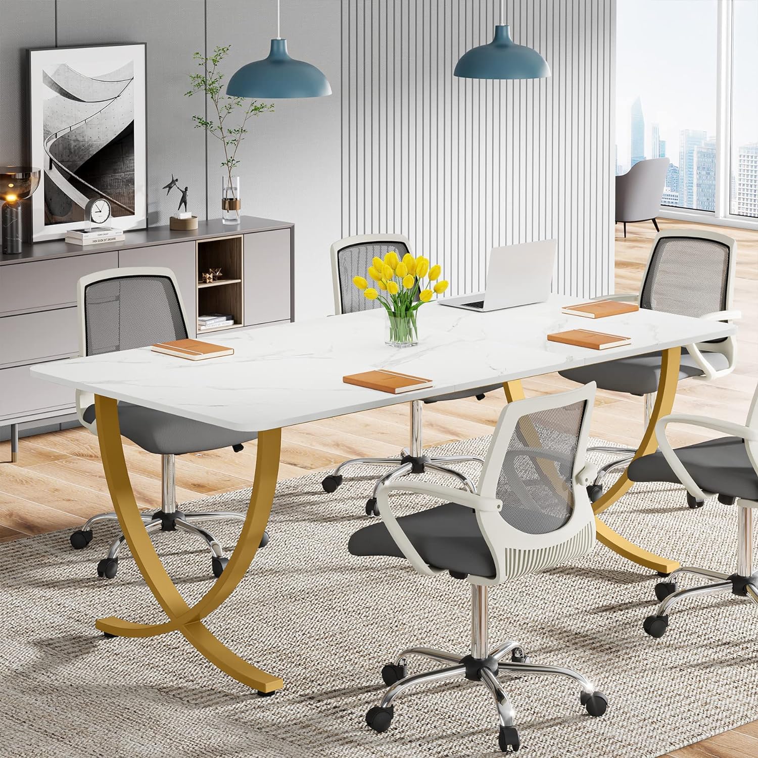 Tribesigns Executive Desk, 63β W x 31.5β D Large Office Desk, Modern Computer Desk Conference Table Meeting Room Table, Business Furniture for Home Office, White and Gold