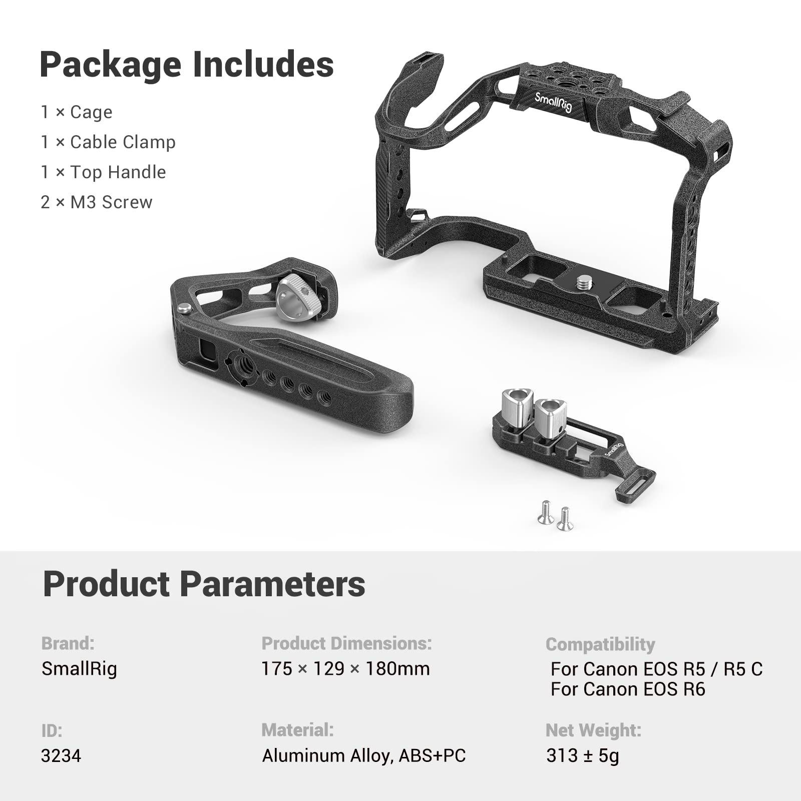 SmallRig R5 R5 C R6 Cage Kit for Canon EOS R5 R5 C R6 Mirrorless Camera with Top Handle and Dedicated Cable Clamp, Aluminum Alloy Cage for Canon EOS R5 R6 R5 C Camera