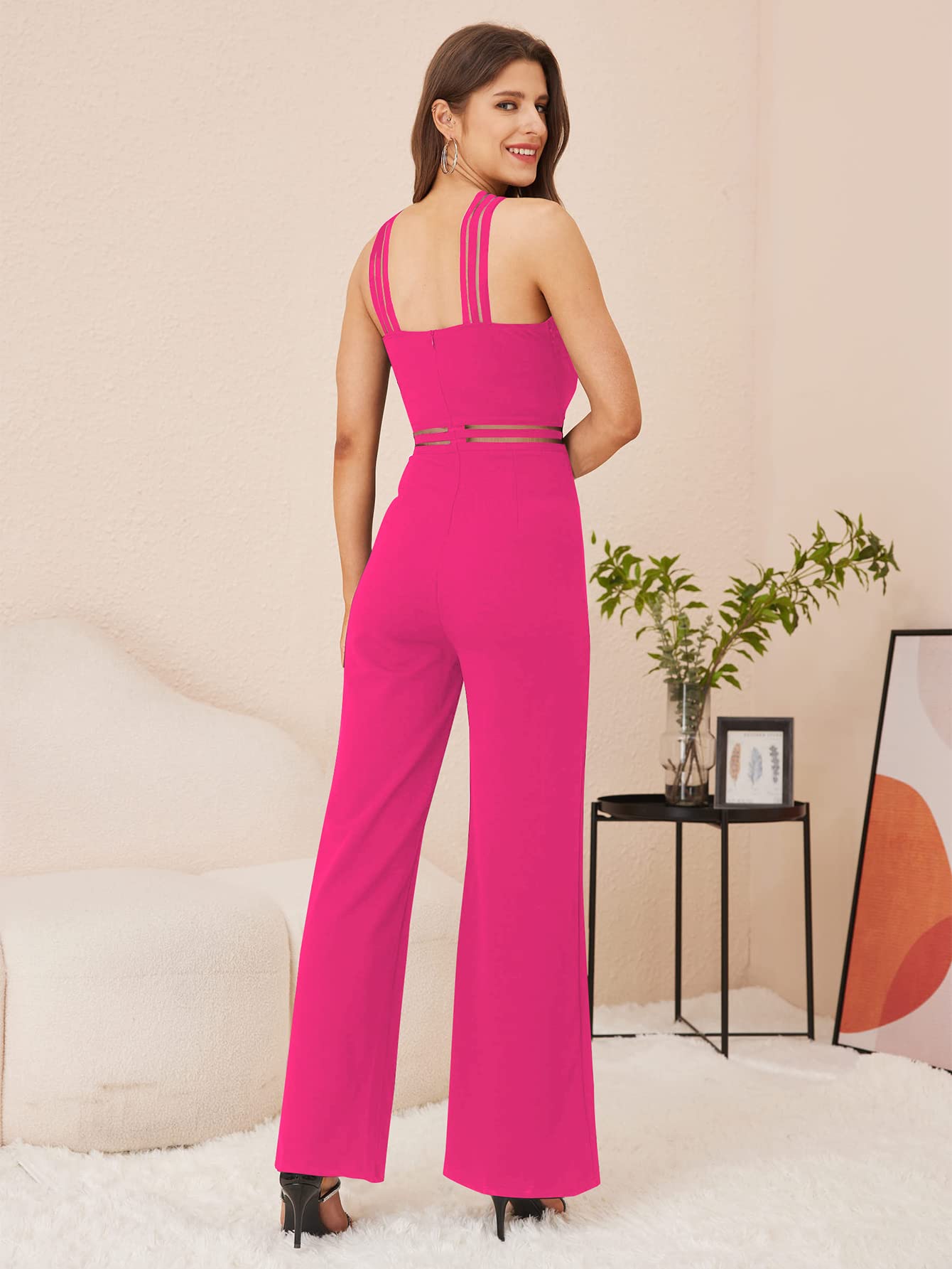 WDIRARA Women's Sleeveless Halter Tied Backless High Waist Belted Wide Leg Pants Elegant Jumpsuit Rompers Plain Hot Pink L