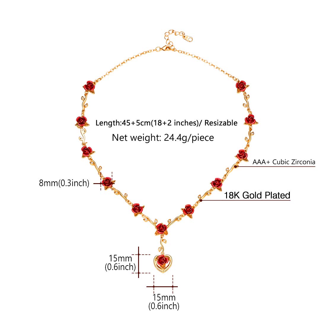 U7 Beautiful Rose Necklace 18K Gold Plated Dozen Flower Link Chain Necklace Choker Collar, Y Necklace for Women, Lover Gift