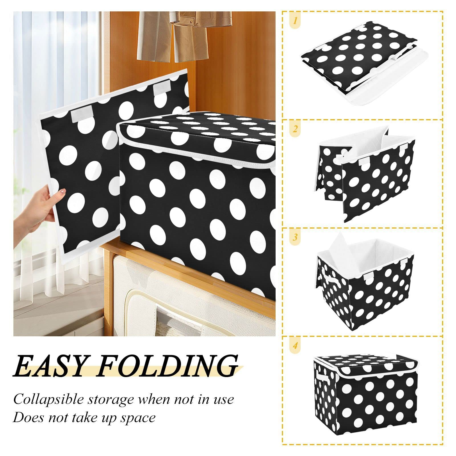 xigua Polka Dot Storage Basket Collapsible Rectangle Storage Bin Shelves Basket Organizer with Lid and Handle for Closet, Office, Nursery, Home Decor