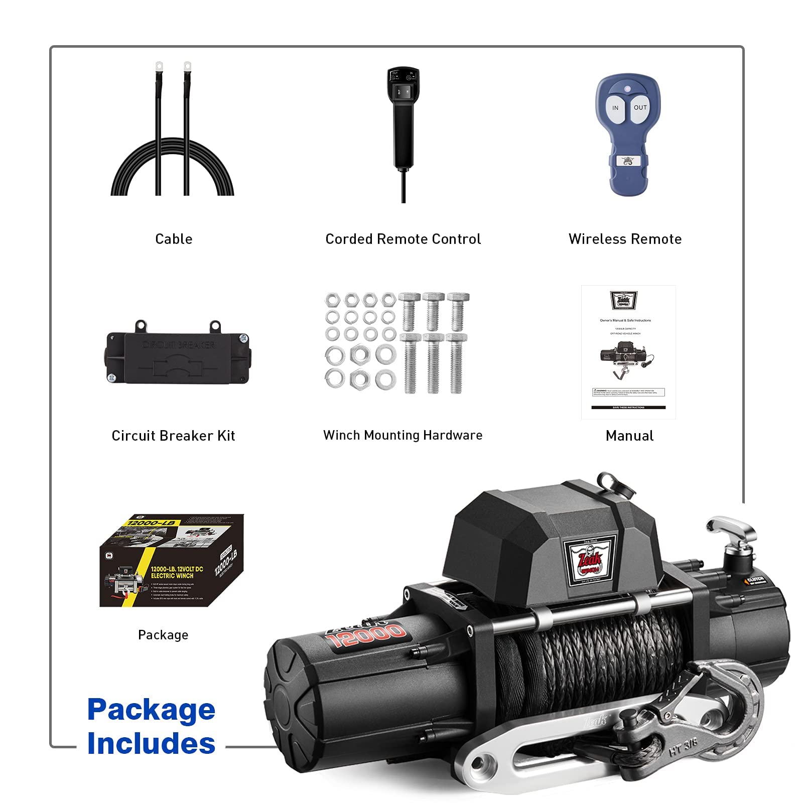 ZEAK 12000 lb Electric Truck Winch DC Synthetic Rope, Waterproof Off Road, for Truck SUV, with Wireless Remote