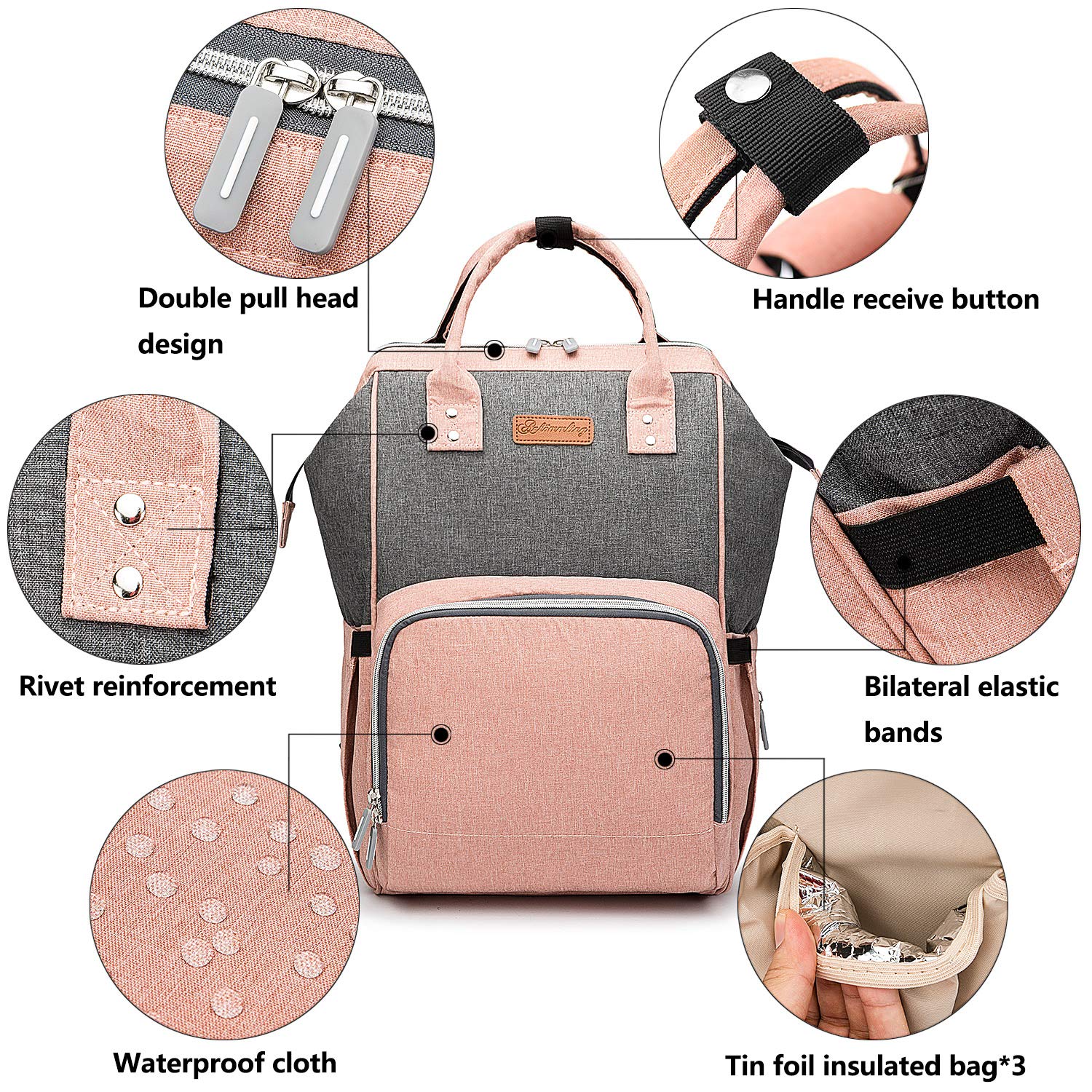 Waterproof Diaper Bag Backpack Large Capacity Nappy Baby Bags for Mom, USB Charging Port + Stroller Straps + Thermal Pockets + Pad (Grey & Pink)