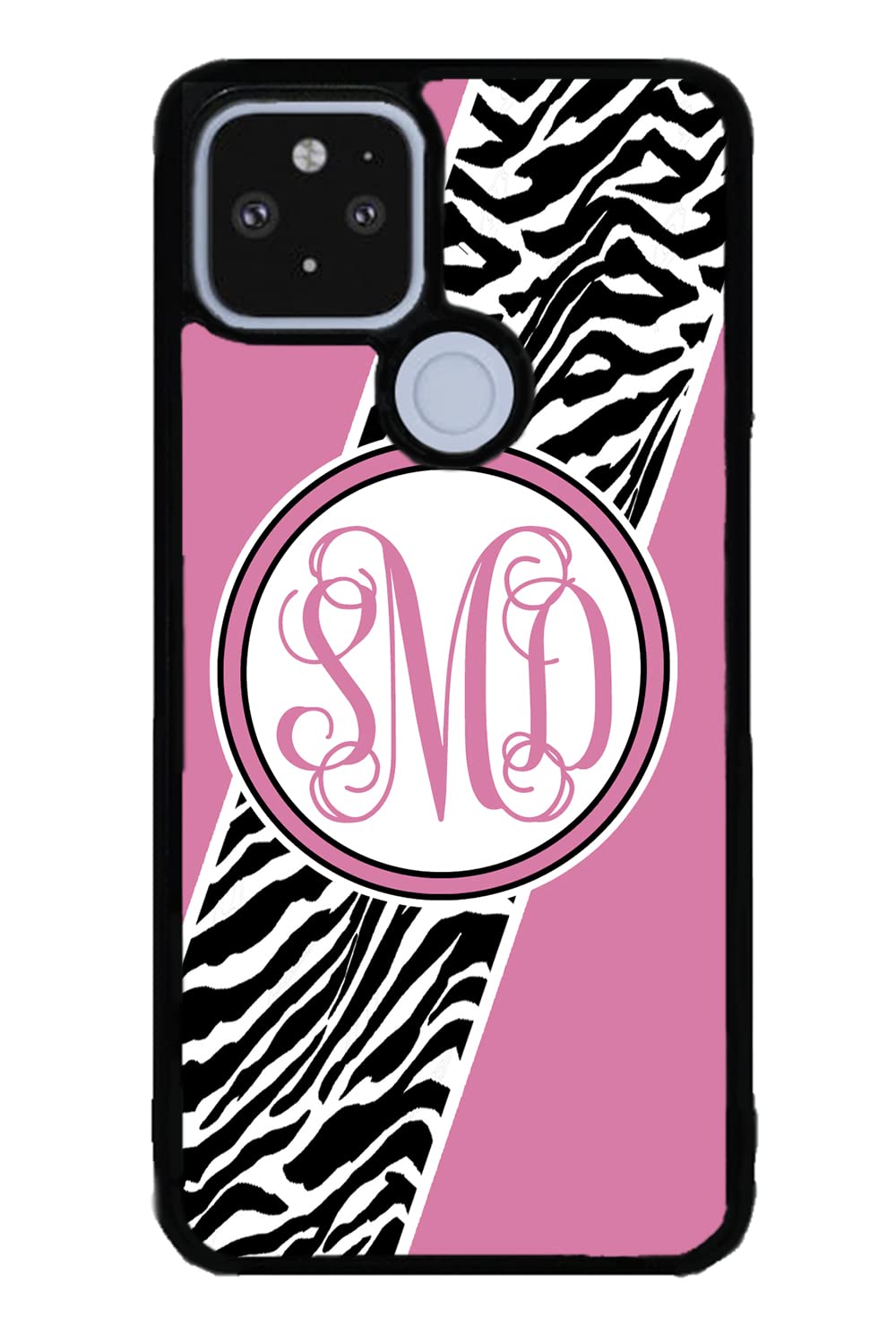 Zebra Animal Skin Pink Script Monogram Black Rubber Phone Case Compatible With Google Pixel 8 Pro, 8a, 8, 7a, 7, Pixel 7 Pro, 6a, Pixel 6 Pro, 6, 5, 4a 5G, 4a 4G, 4, 4 XL, 3a, 3a XL, 3, 3 XL, 2