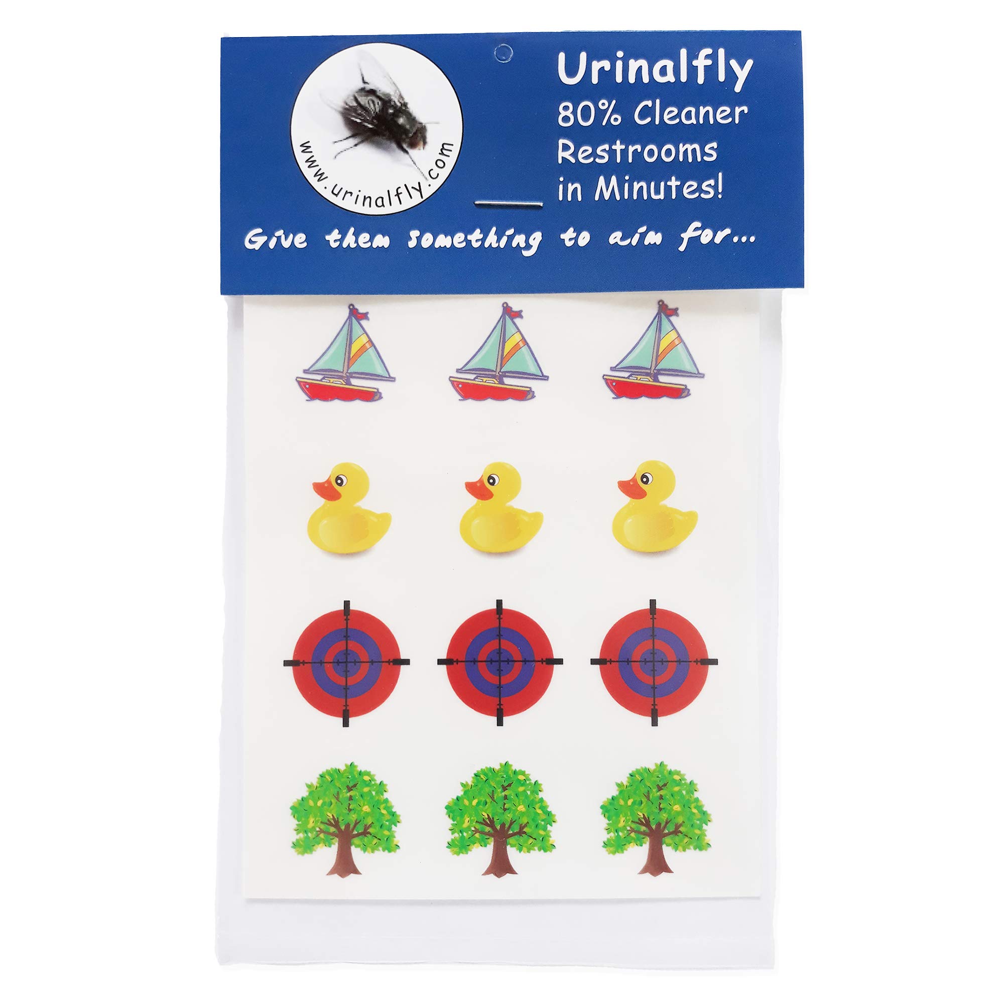 Urinal Fly Toilet Stickers, 12 Pack, Potty Targets-Duck,Boat,Tree,Target, 80% Cleaner Bathrooms in Minutes!