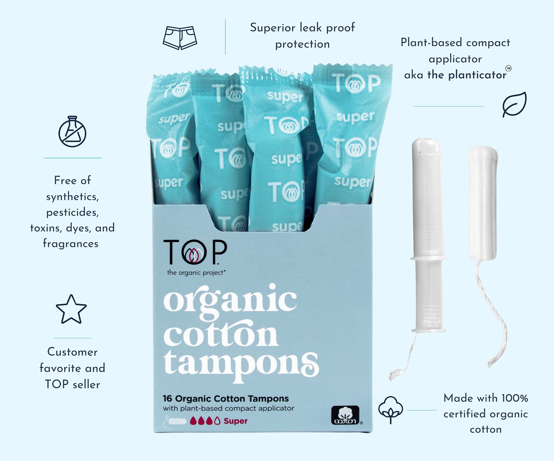 TOP the Organic Project: Cotton Tampons w/Plant Based Applicator (Comfort & Feel of Plastic) | (Unscented, Dye & Chemical Free. Safe, Thin & Superior Protection), Regular & Super (30)