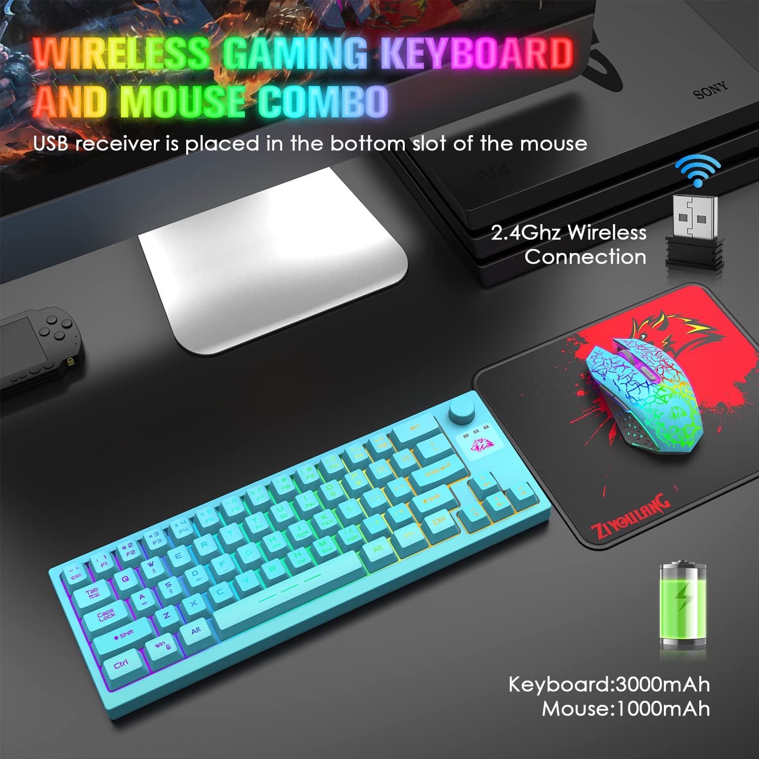 ZIYOU LANG T50 Wireless Gaming Keyboard and Mouse Combo Mini Portable with Cool RGB Backlit Ergonomic 64Key TKL Rechargeable 4000mAh Battery Anti-ghosting Media Knob for PC Mac Gamer(Black)