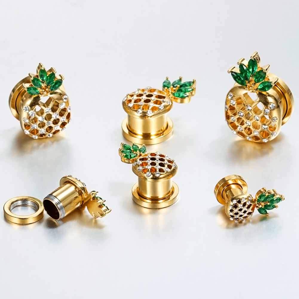 TBOSEN Stainless Steel Screw Gold Pineapple Ear Gauges Plugs Tunnels Expander Body Piercing 2 PCS