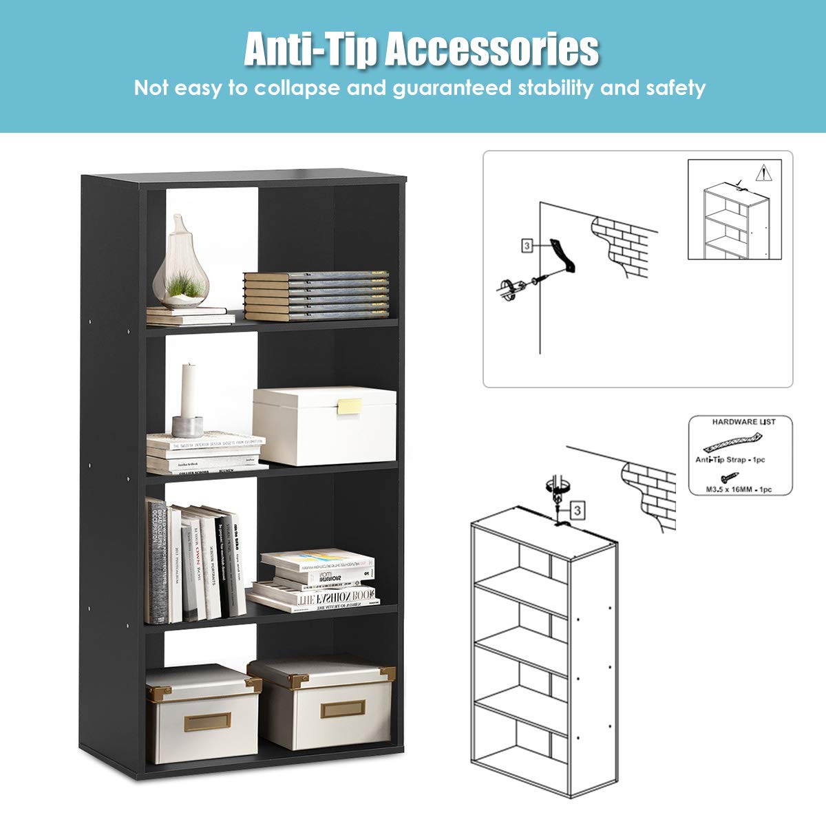 Tangkula 4-Tier Open Shelf Bookcase, Storage Bookshelf, Free Standing Open Display Bookshelf, Utility Bookshelf for Home Office, 4-Shelf Bookshelf, 24”L x 12”W x 47.5”H (Black)