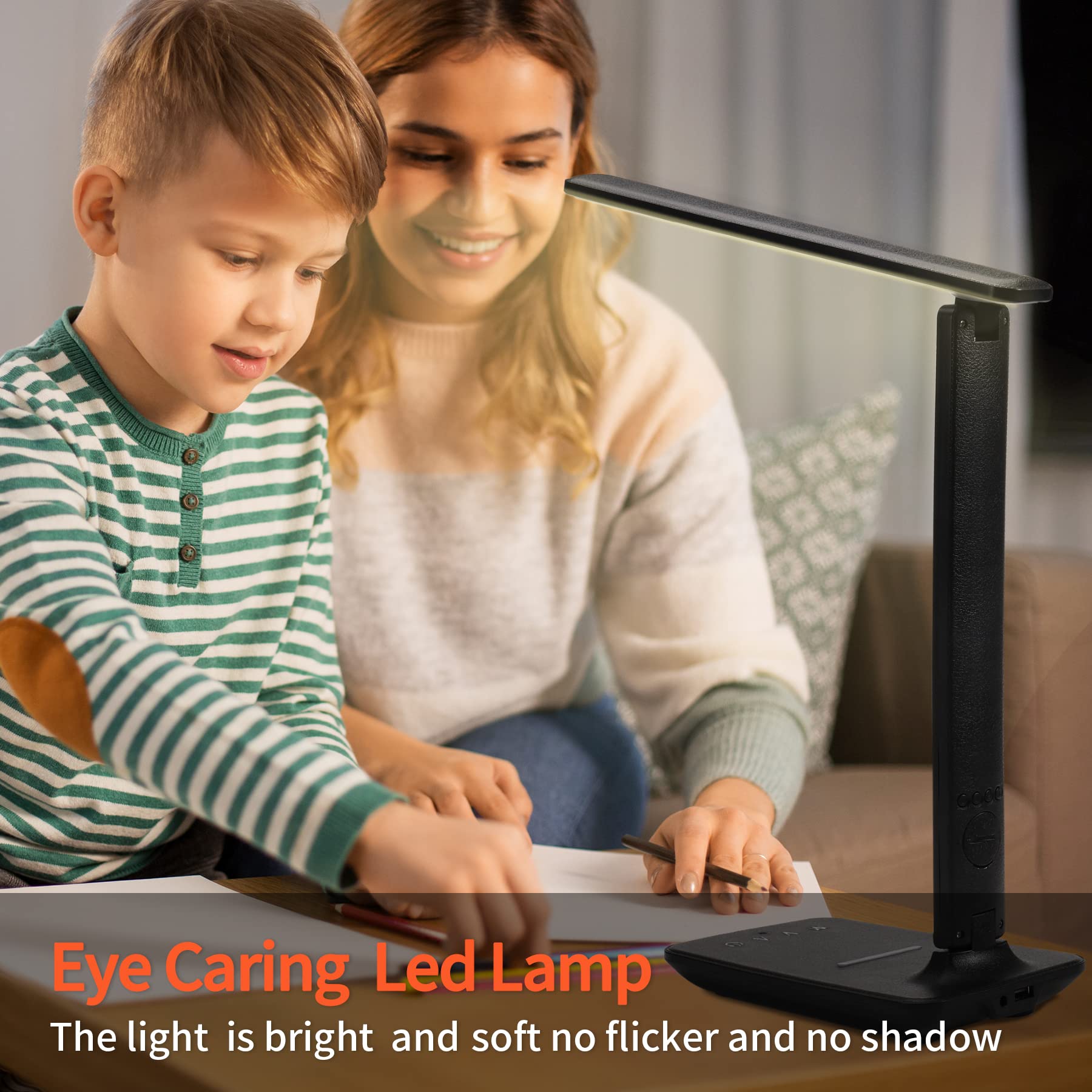 XIMI-V LED Desk Lamp with Wireless Charger, Table Lamp with Clock, Alarm, Date, Temperature, Office Lamp, Desk Lamps for Home Office (Black T189)
