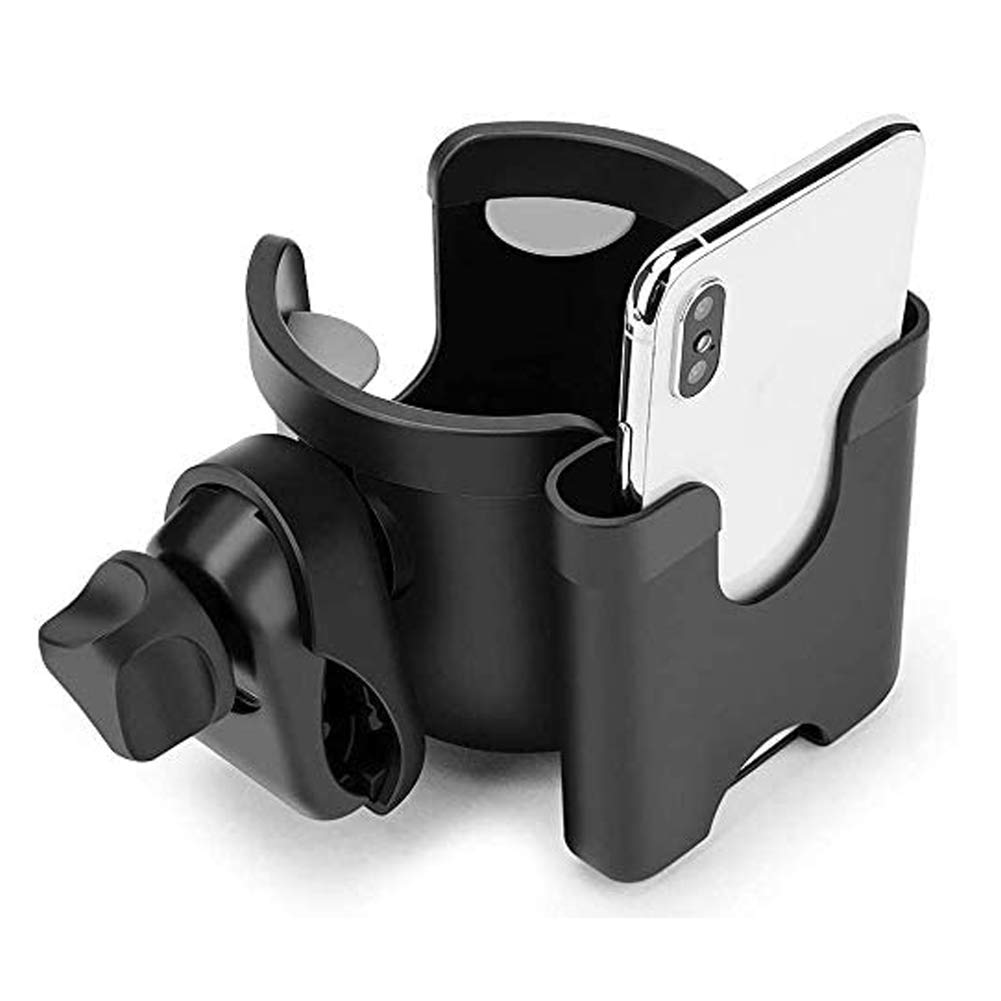 Stroller Cup Holder with Phone Organizer, 2-in-1 Universal Cup Holder, 360 Degrees Rotation Storage Rack for Stroller/ Pushchair/ Wheelchair/ Bike