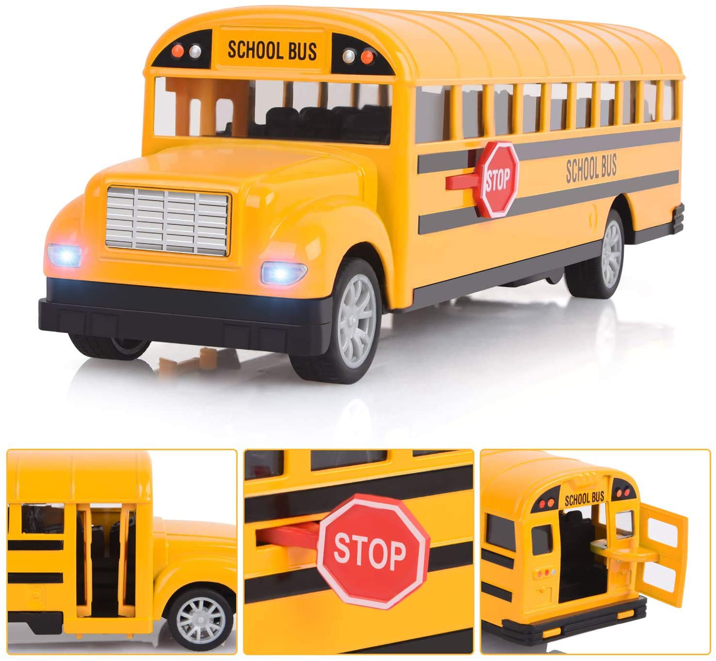Think Wing School Bus Toy for Toddlers, 8.5 inch Die Cast Pull Back Cars Yellow Bus Play Vehicles with Sounds and Light