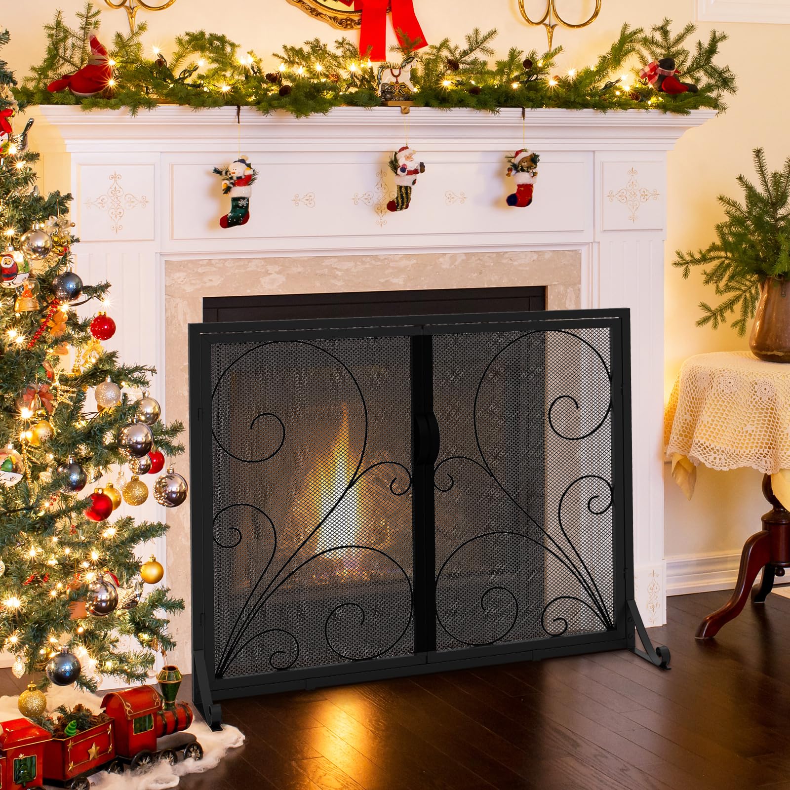 Tangkula Fireplace Screen, Firelpace Gate with Hinged Two-Doors, Wrought Iron Mesh, Steel Crest Fireplace Screen with Wrought Iron, Baby Safe Spark Guard Protector