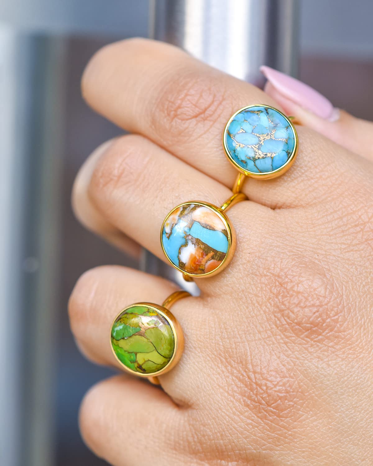 YoTreasure Dendritic Agate 14K Gold Plated Over 925 Silver Ring