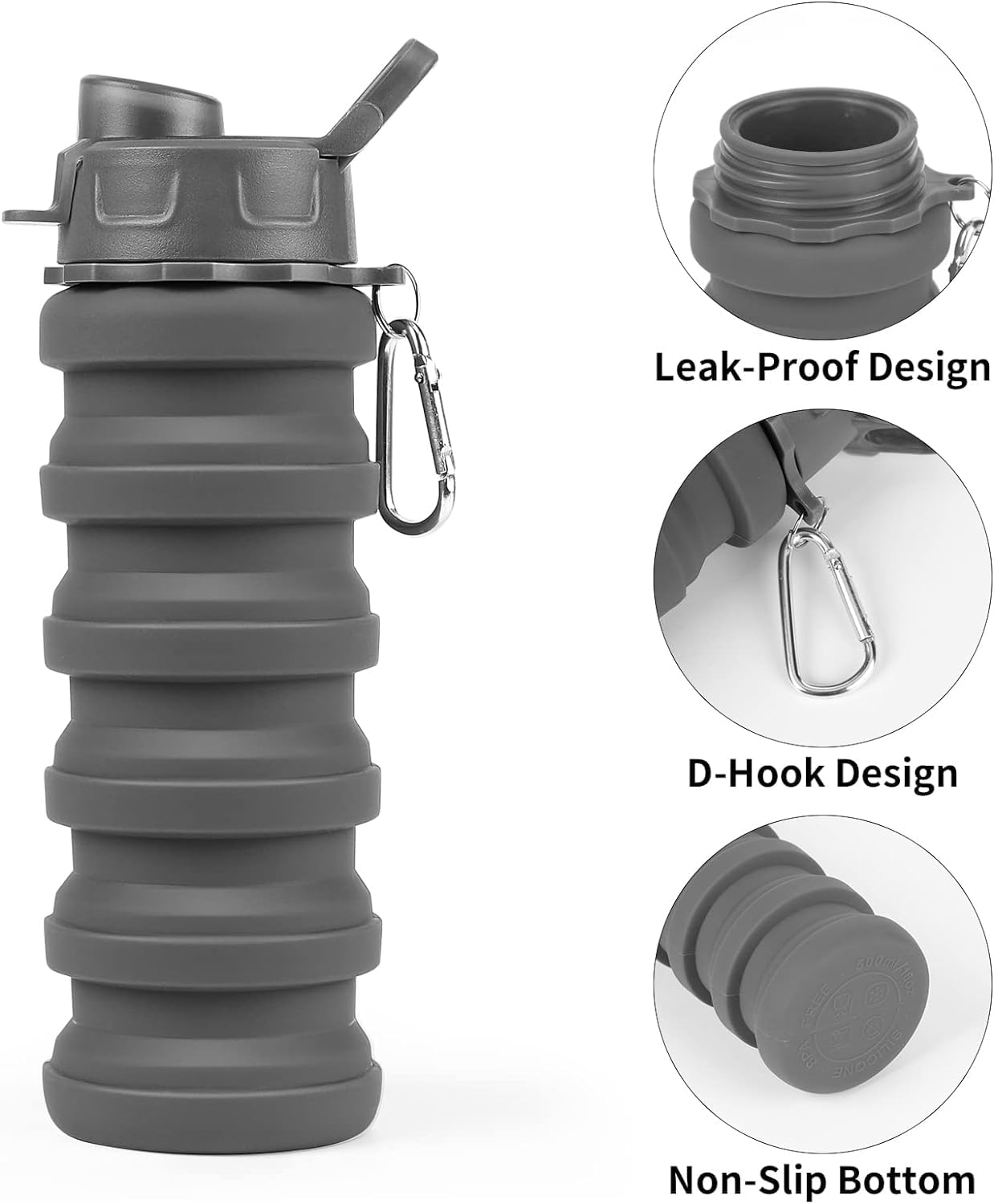 RUEIURI Collapsible Water Bottle, Foldable Cup,500Ml Collapsible Sport Water Bottle Bpa Reusable Travel Water Bottles For Hiking Biking Running Outdoor Gym (Gray(B)+Purple(B))